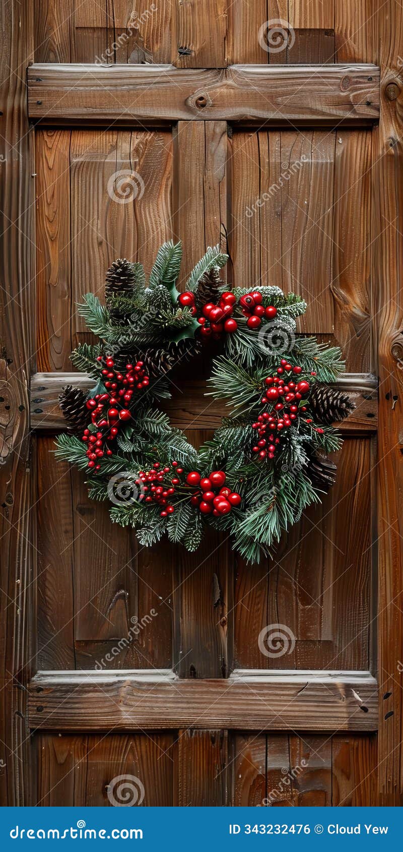 Top-down Angle of a Christmas Wreath on a Wooden Door. Stock ...