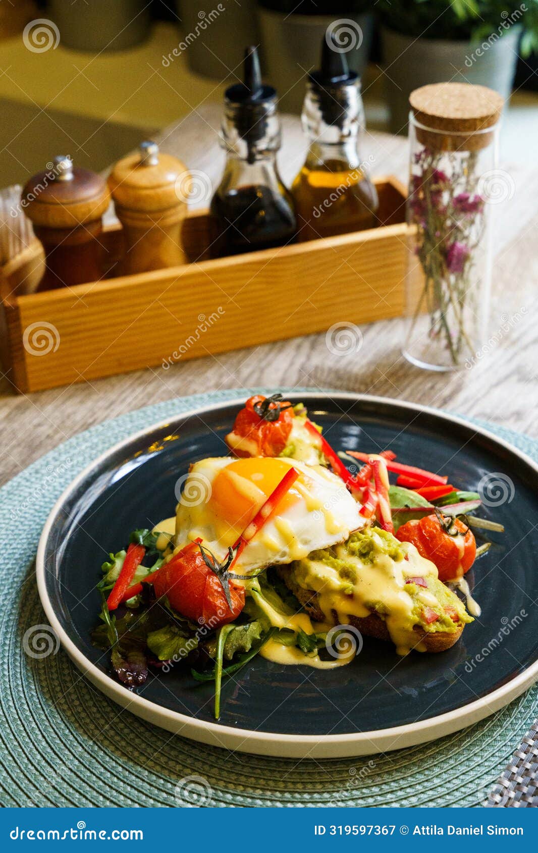 Top Down of Avocado Toast with Fried Eggs and Vegetables Stock Image ...