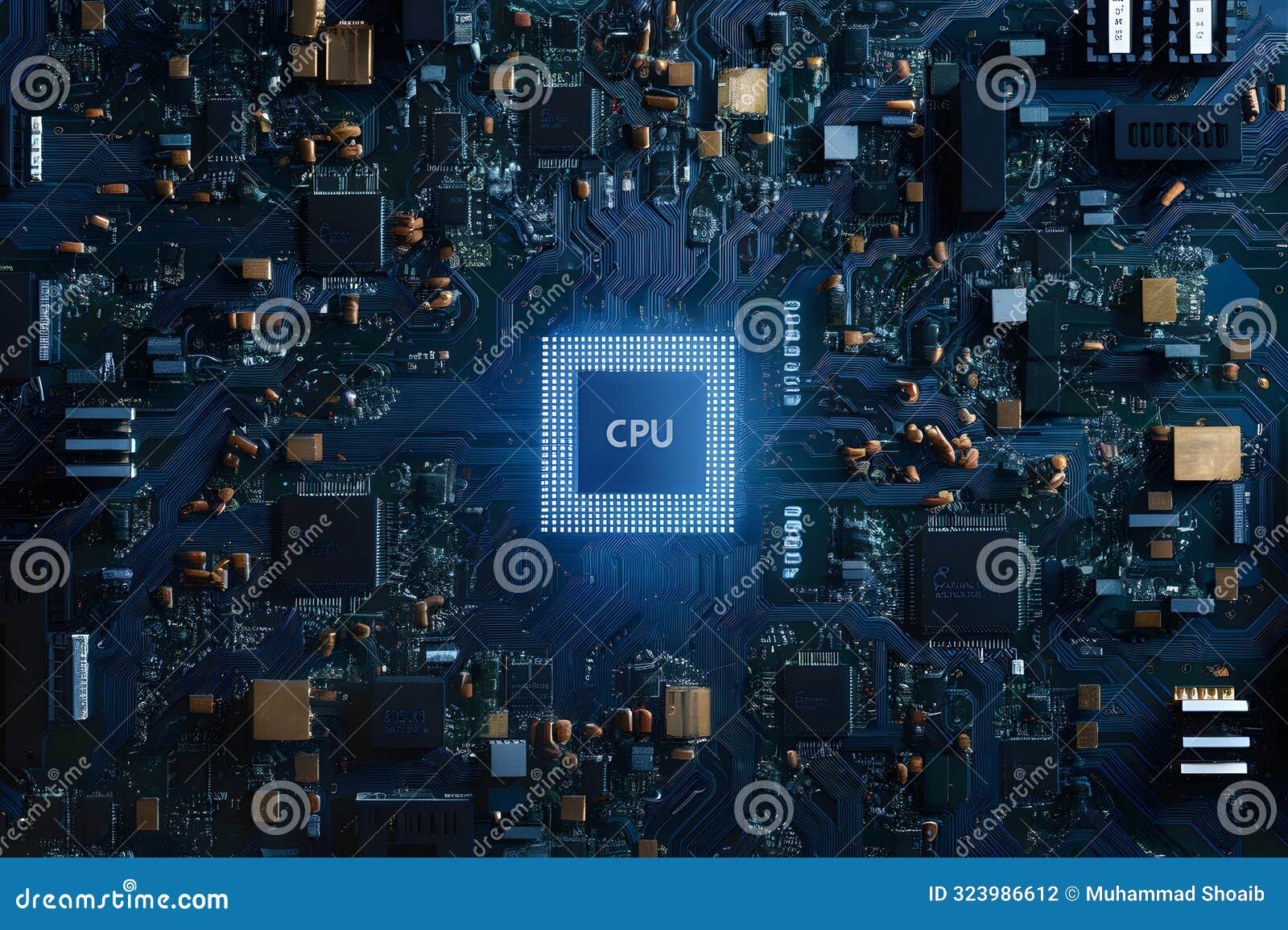 Top Down Circuit Board View, Blue Glowing CPU, Surrounded by Components ...