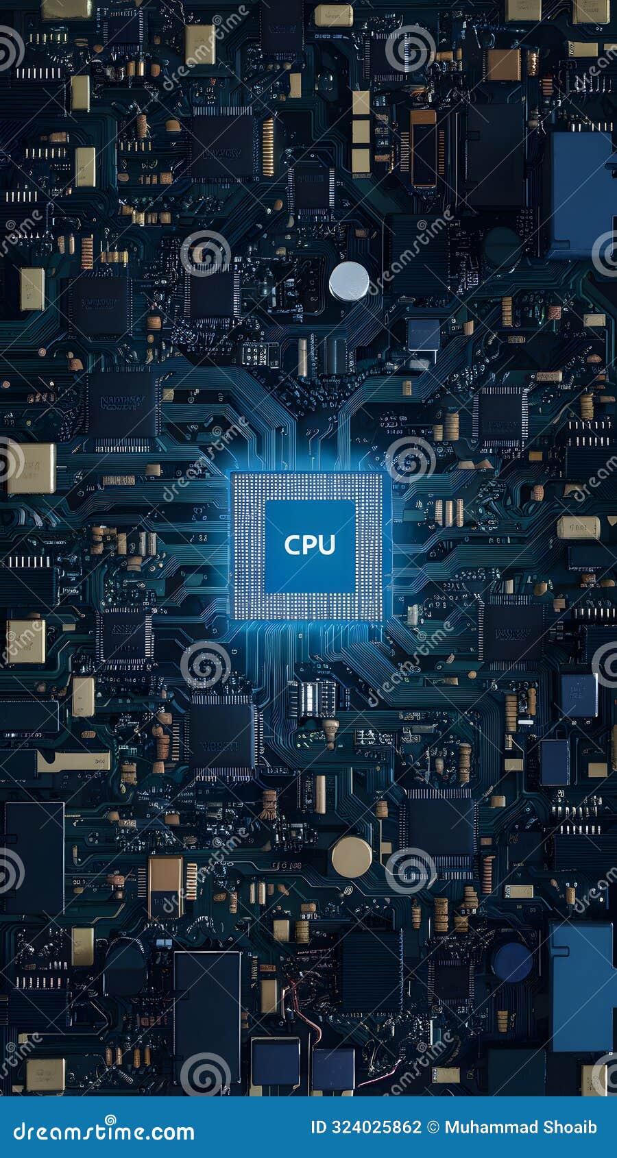 Top Down Circuit Board View, Blue Glowing CPU, Surrounded by Components ...