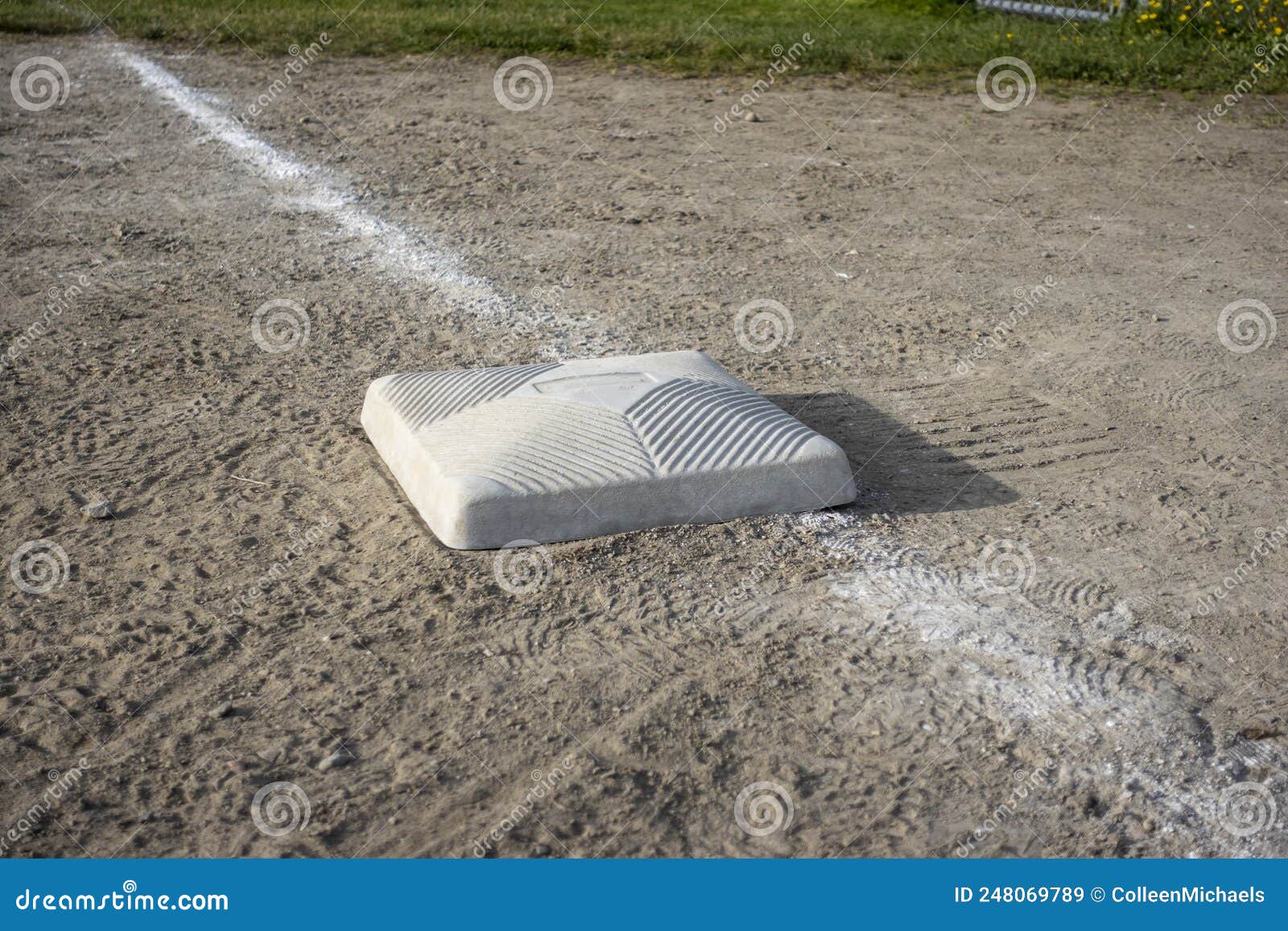 Top Down, Close Up View of a Base on a Clean Baseball Field on a Bright ...