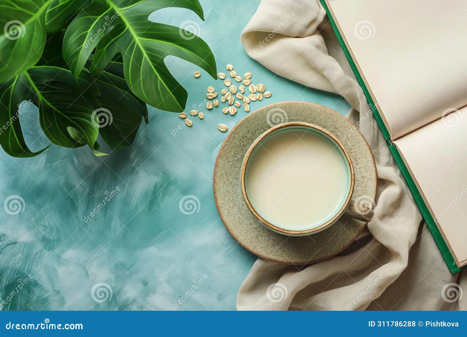 Top Down Composition with Oat Milk in a Cup, Open Blank Book or Notepad and Monstera Plant on a ...