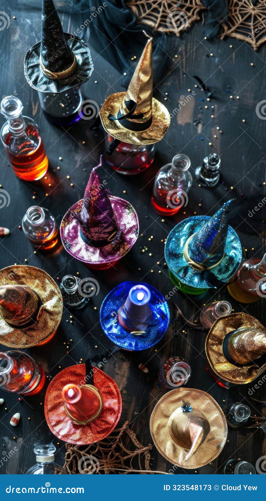 Top-Down Display of Witch Hats and Potion Bottles for Halloween Stock ...
