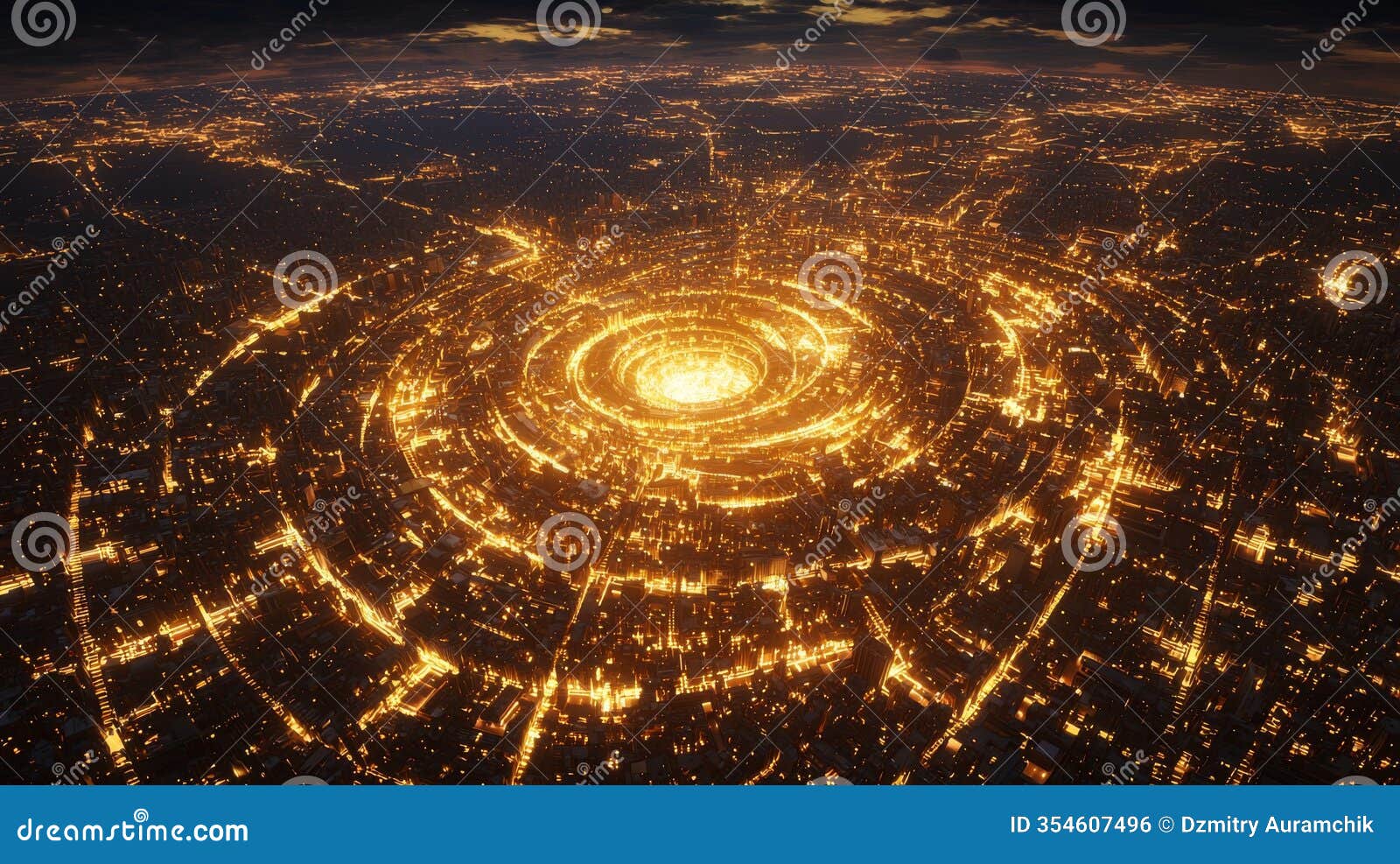 A Top-down Look at a Round City Plan, with Glowing Pathways that ...