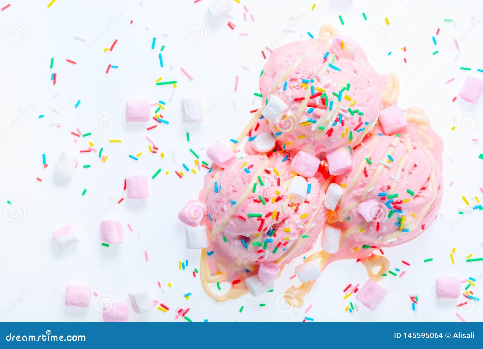 Pink Strawberry Scoops Ice Cream Strewed Sprinkles Marshmallows And
