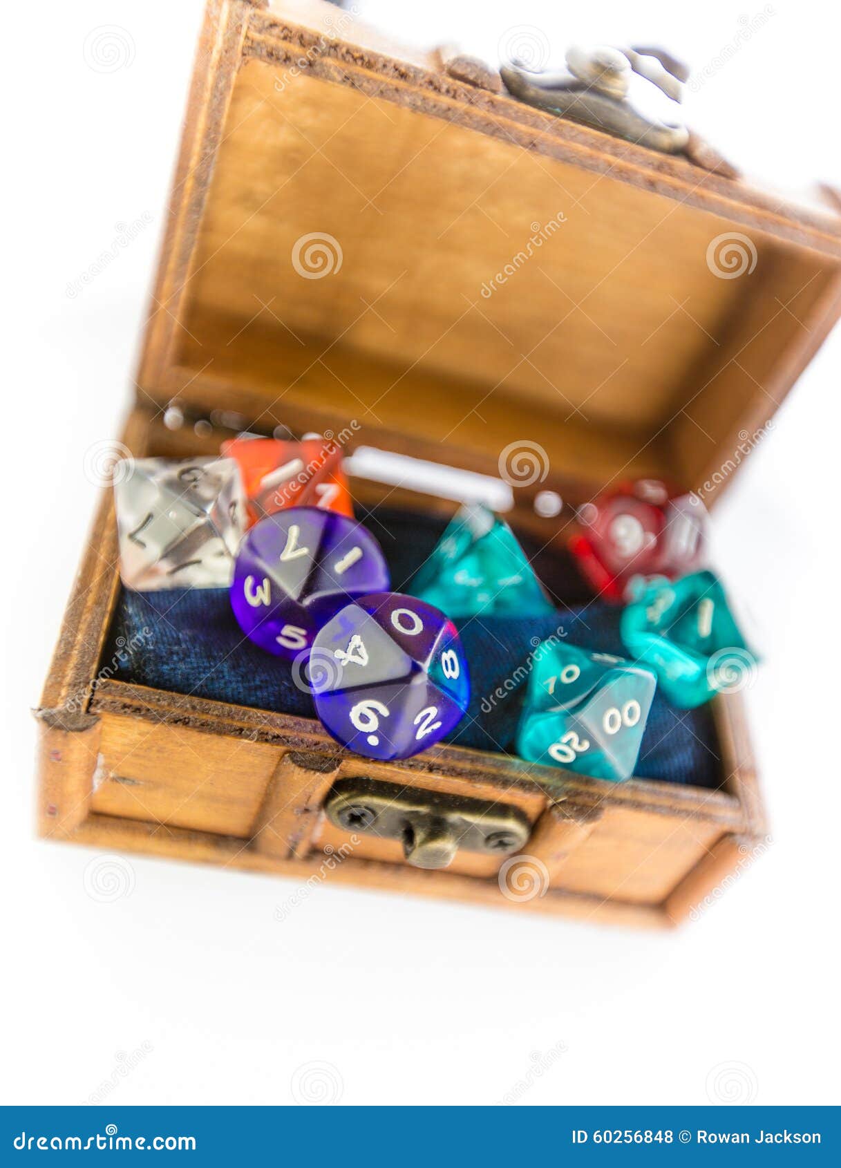 Top Down Shot of Wooden Chest Containing Dice Set Stock Photo - Image ...