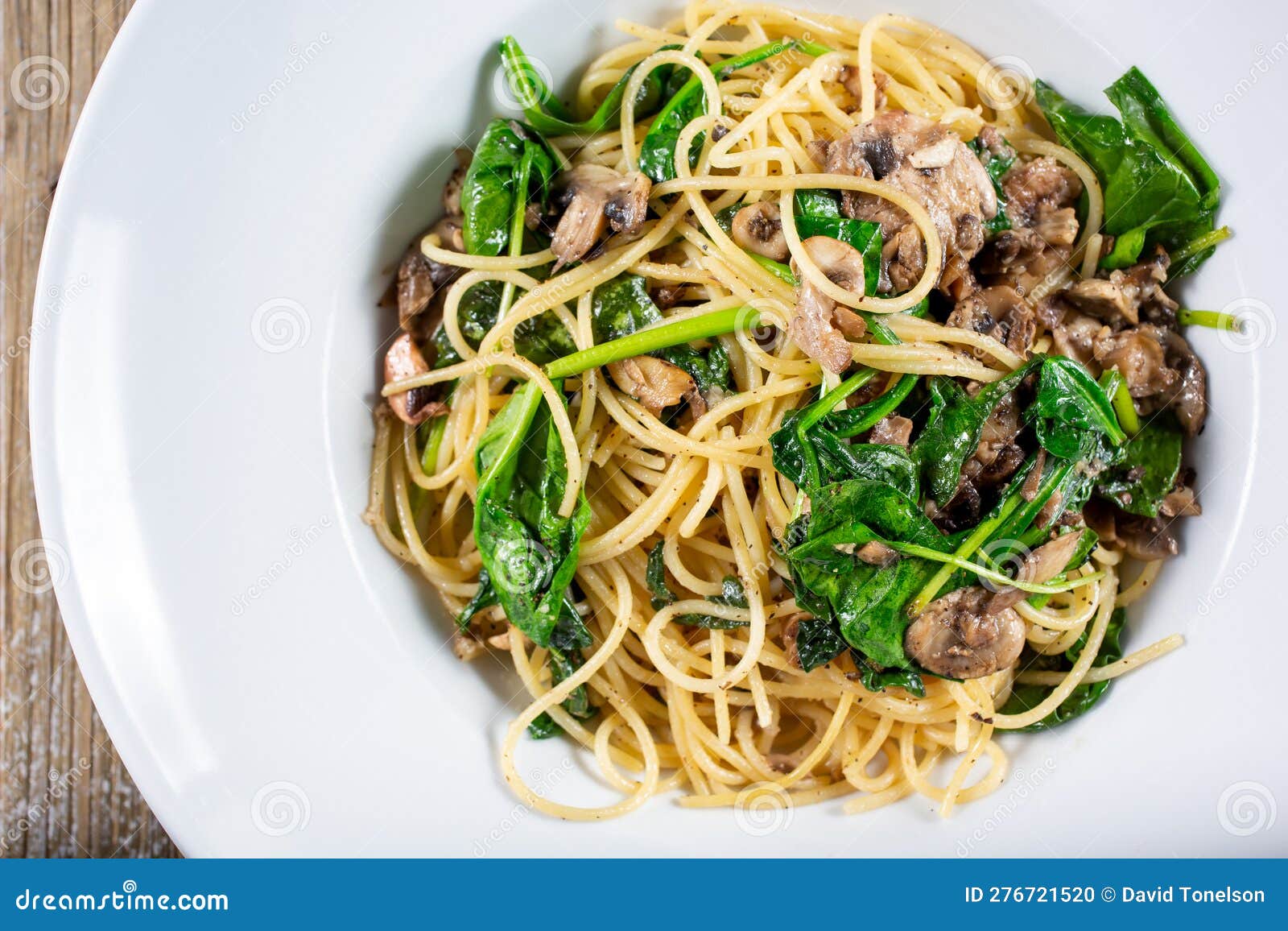 Top Down Spaghetti and Mushrooms, Spinach Pasta Stock Photo - Image of ...