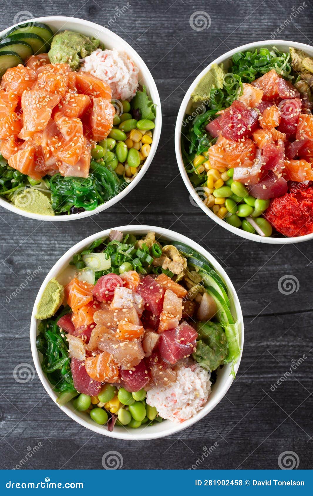 Top down three poke bowls stock photo. Image of ingredient - 281902458