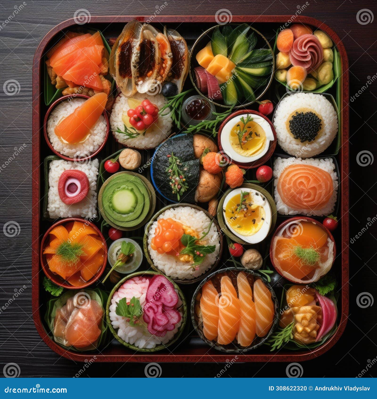 Top-Down View of Assorted Japanese Bento Box Orga Stock Illustration ...