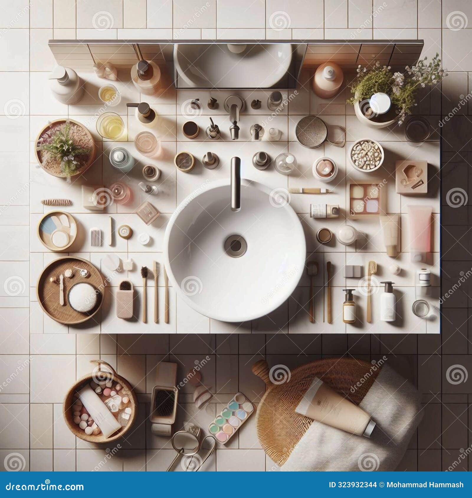 Top Down View of a Bathroom Counter with Sink and Various Essentials ...
