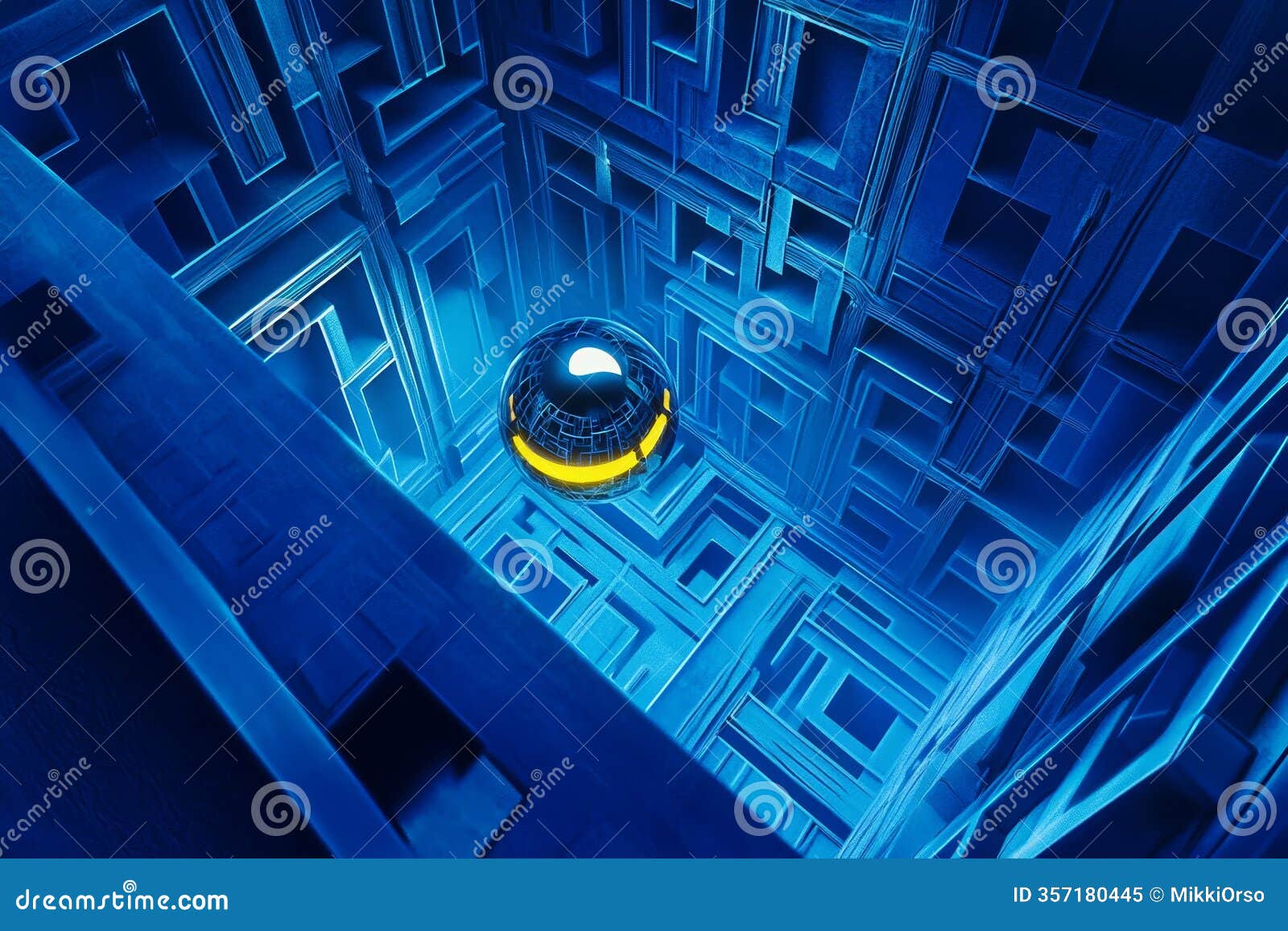 Top Down View of a Blue 3d Maze with a Silver Ball and Glowing Path ...