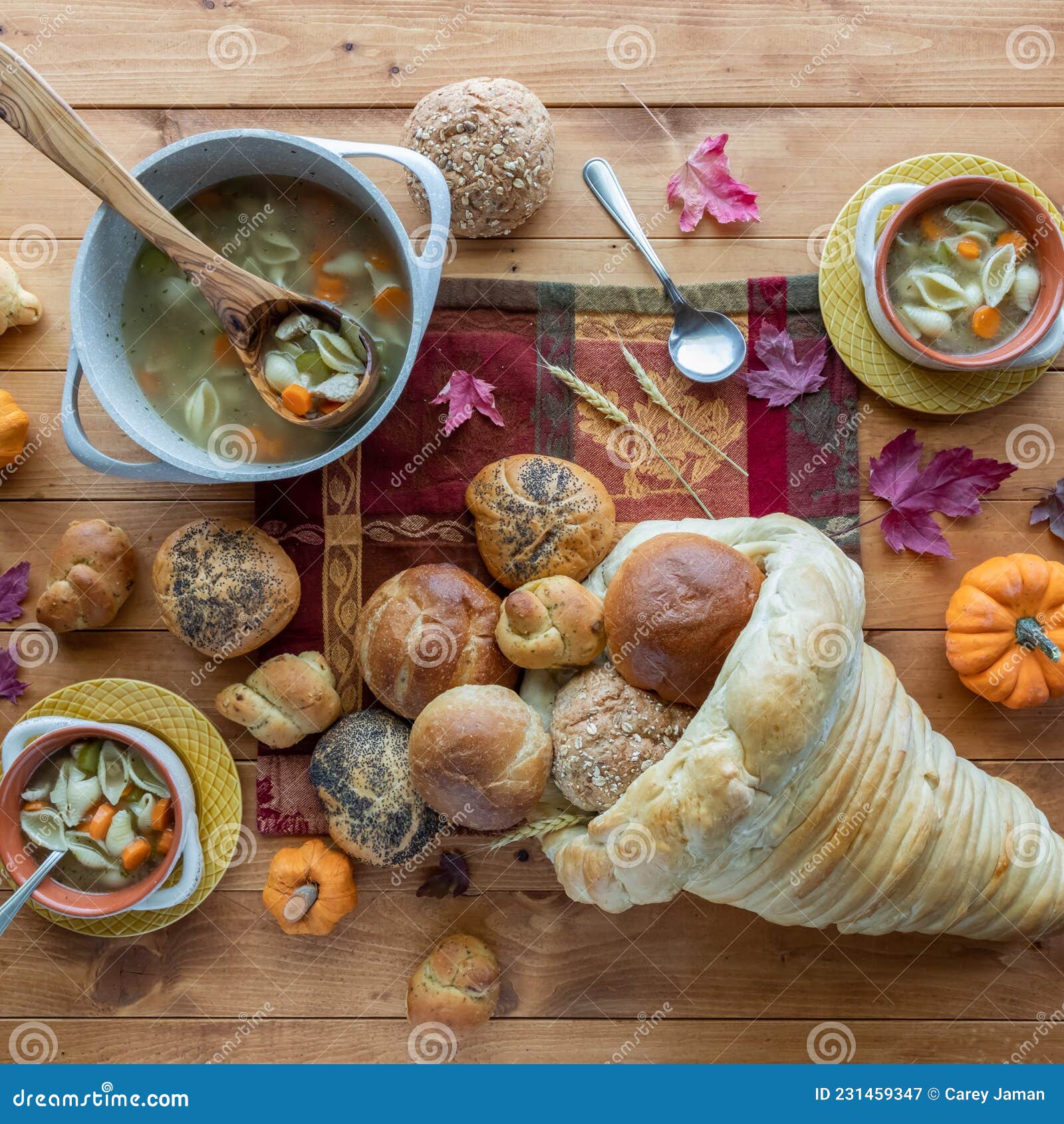 A Top Down View of a Bread Cornucopia Filled with Fresh Rolls ...