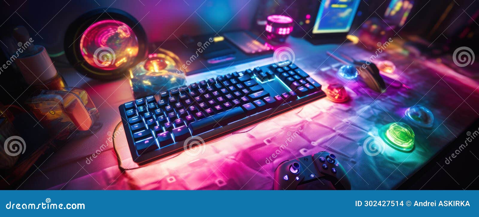 Top Down View of Colorful Illuminated Gaming Accessories Laying on ...