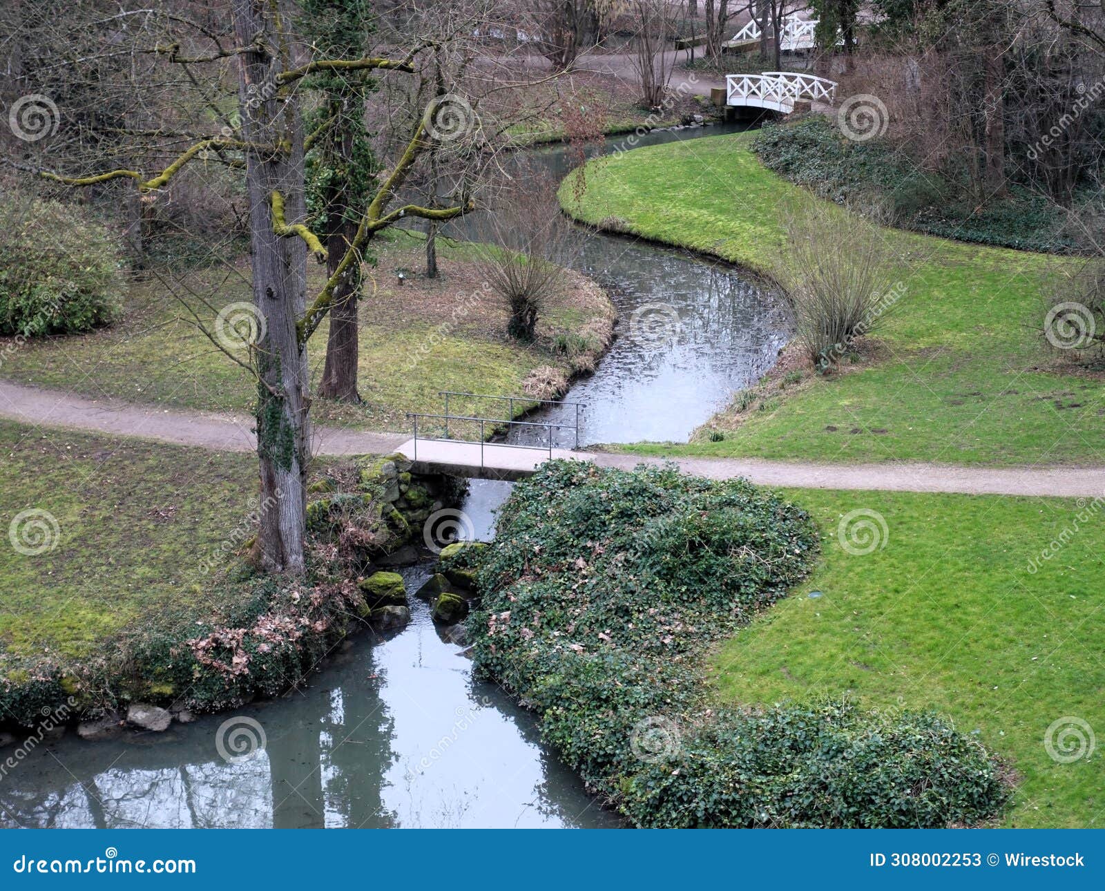 Top-down View of a Creek Meandering through a Park Stock Image - Image ...