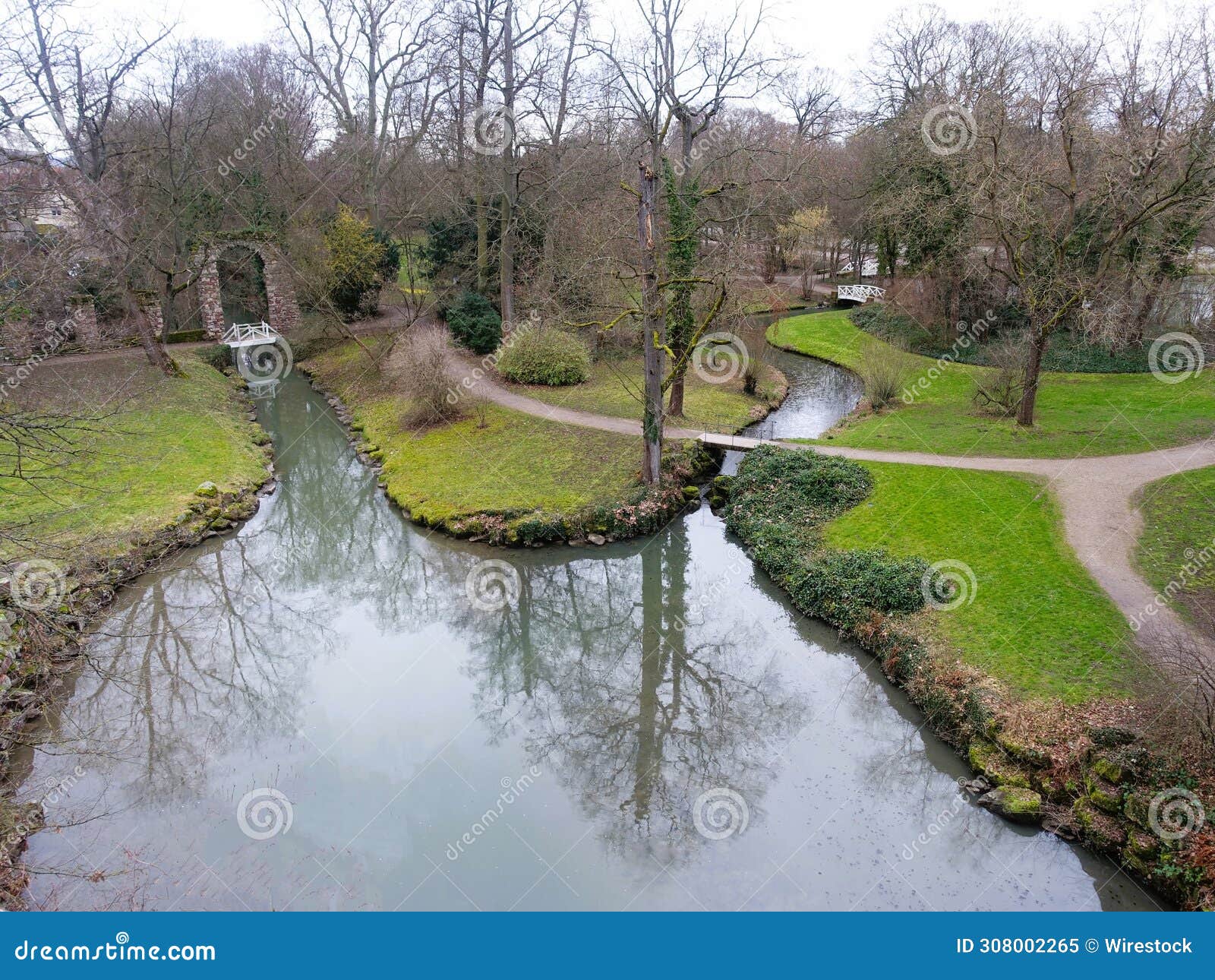 Top-down View of a Creek Meandering through a Park Stock Image - Image ...