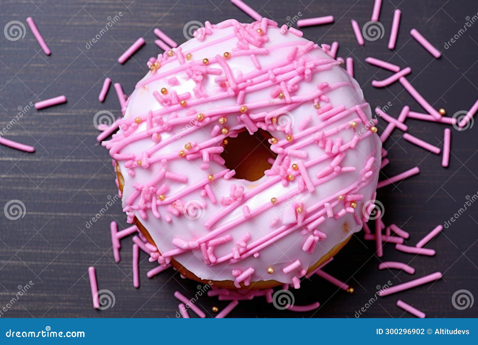 A Top-down View of a Donut with Pink Icing and White Sprinkles Stock ...