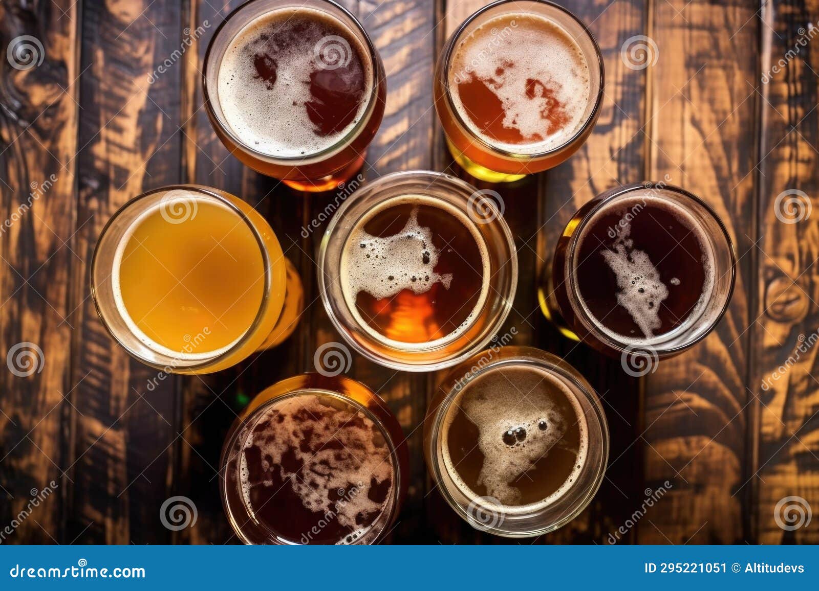 Top Down View of a Flight of Craft Beers in Individual Glasses Stock ...