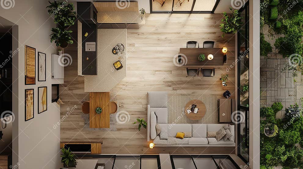 Top-down View of a House Floor Plan, 3D Visual of an Open Living Space ...