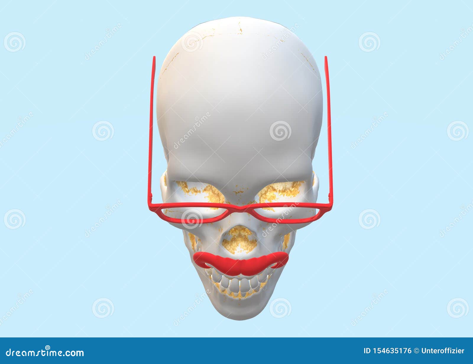 Top Down View of a Human Skull Wearing Red Glasses Spectacles and ...