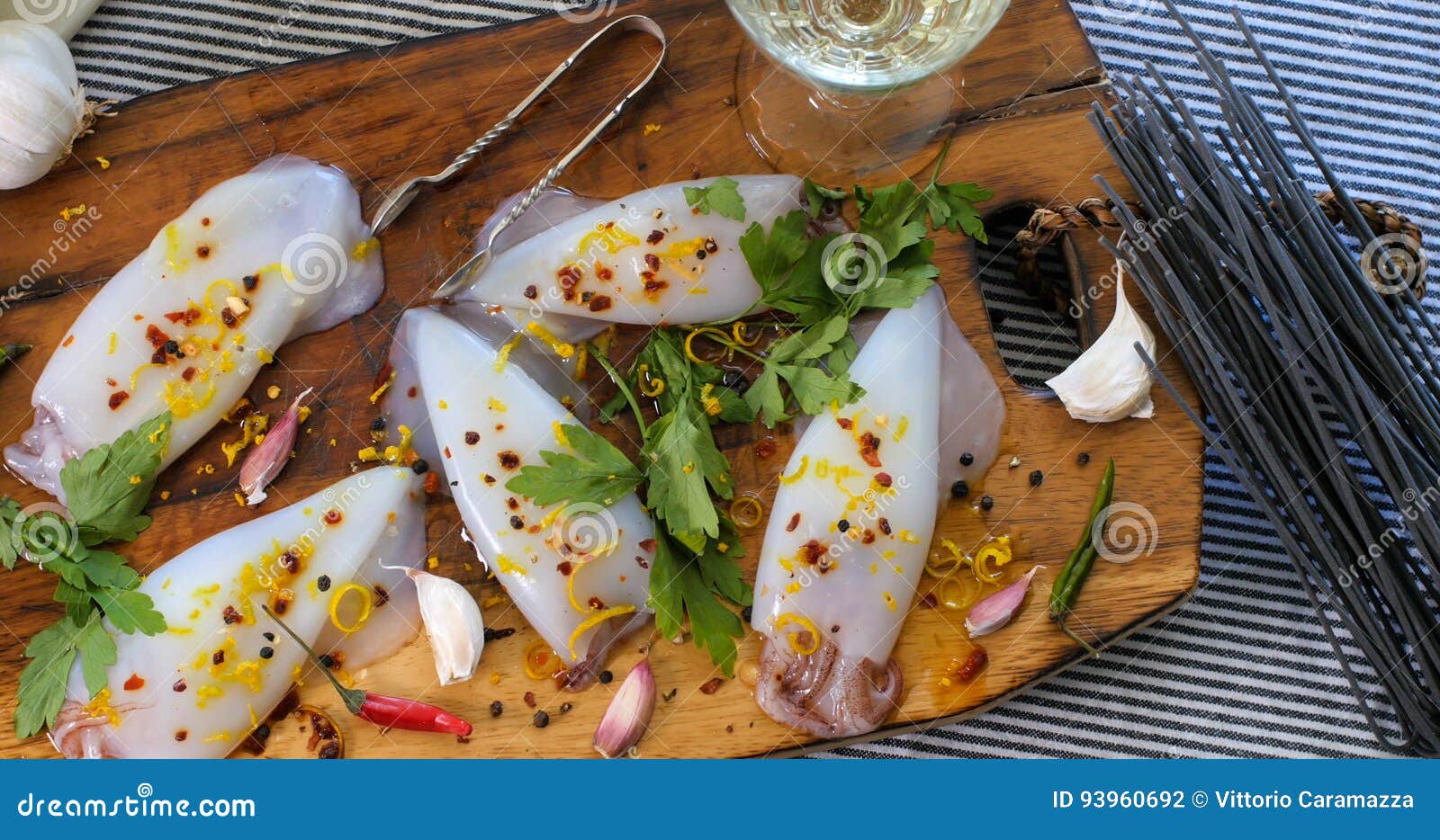 Top Down View of Ingredients for Pasta with Squids Cuttlefish and Ink ...