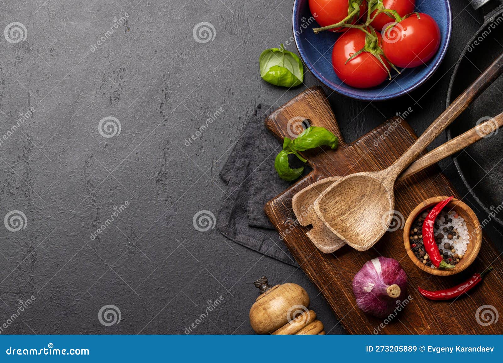 Top-down View of a Kitchen Table with Ingredients, Utensils, and Copy ...