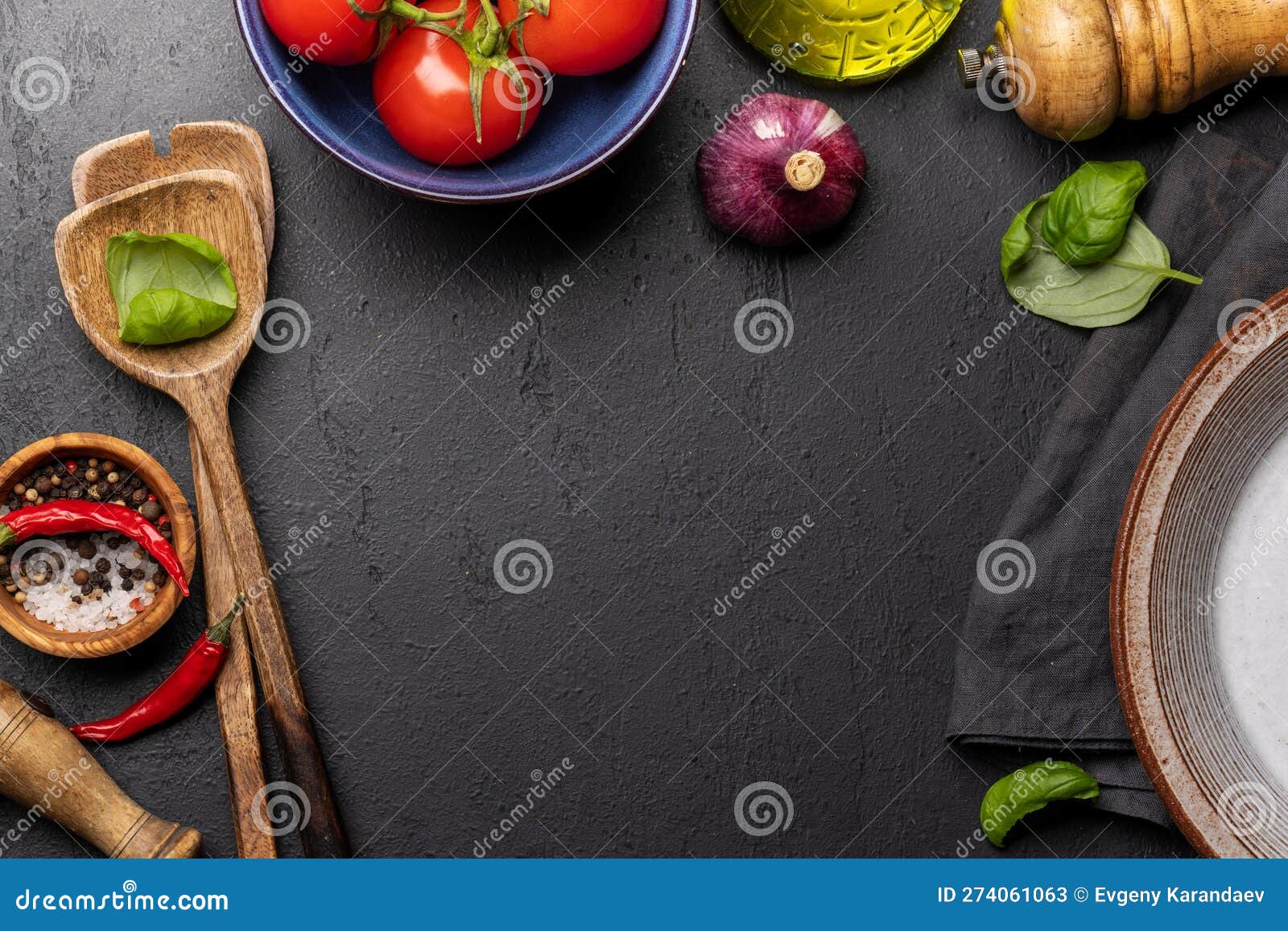 Top-down View of a Kitchen Table with Ingredients, Utensils, and Copy ...