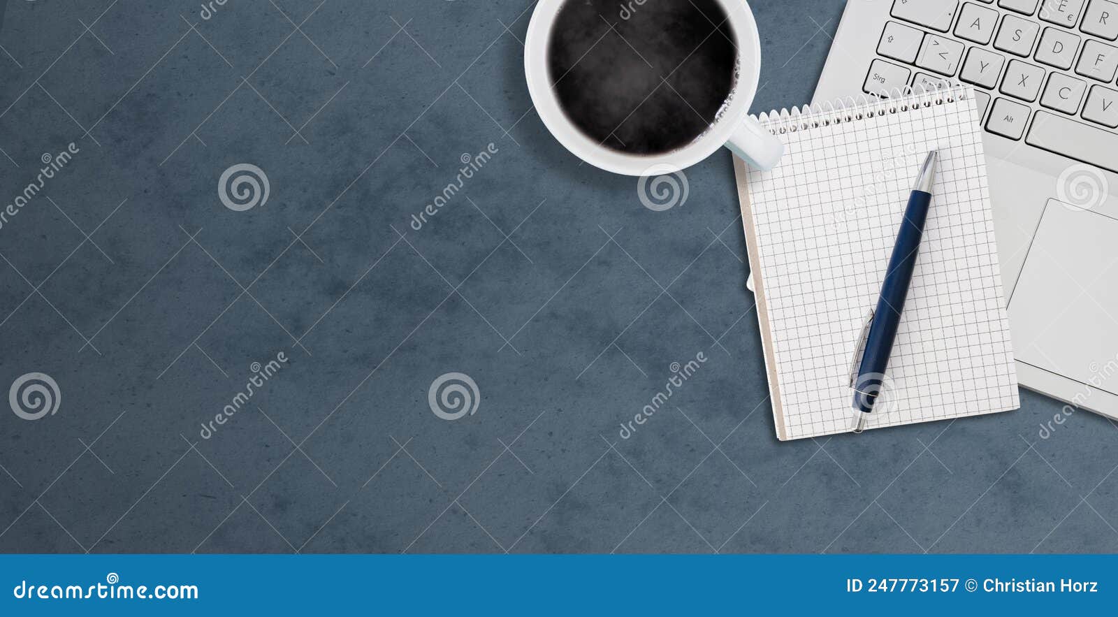 Top Down View of Laptop Computer, Coffee Cup and Notepad with Pen on ...