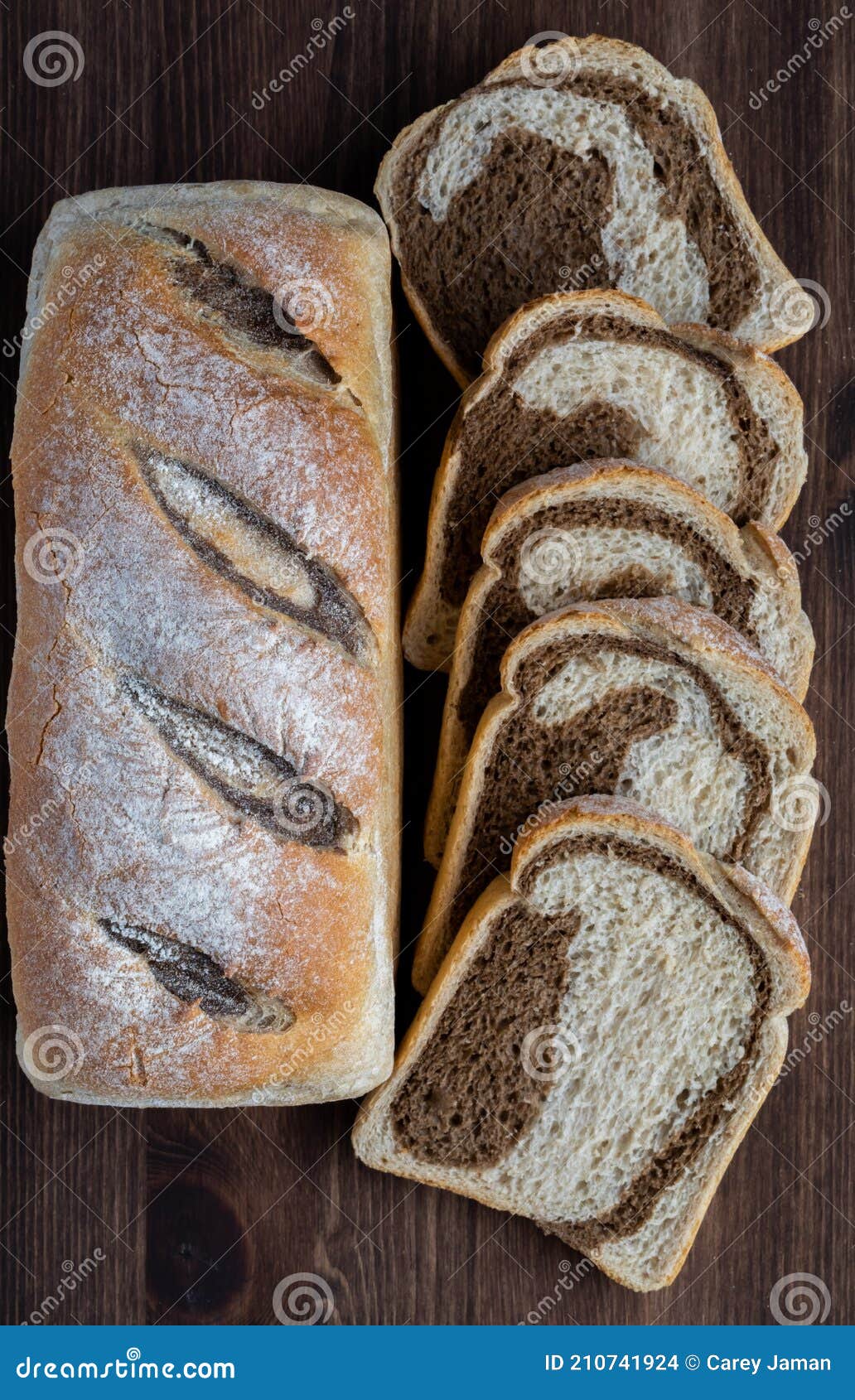 Top Down View of a Loaf of Marble Rye Unsliced with Slices of Marble ...