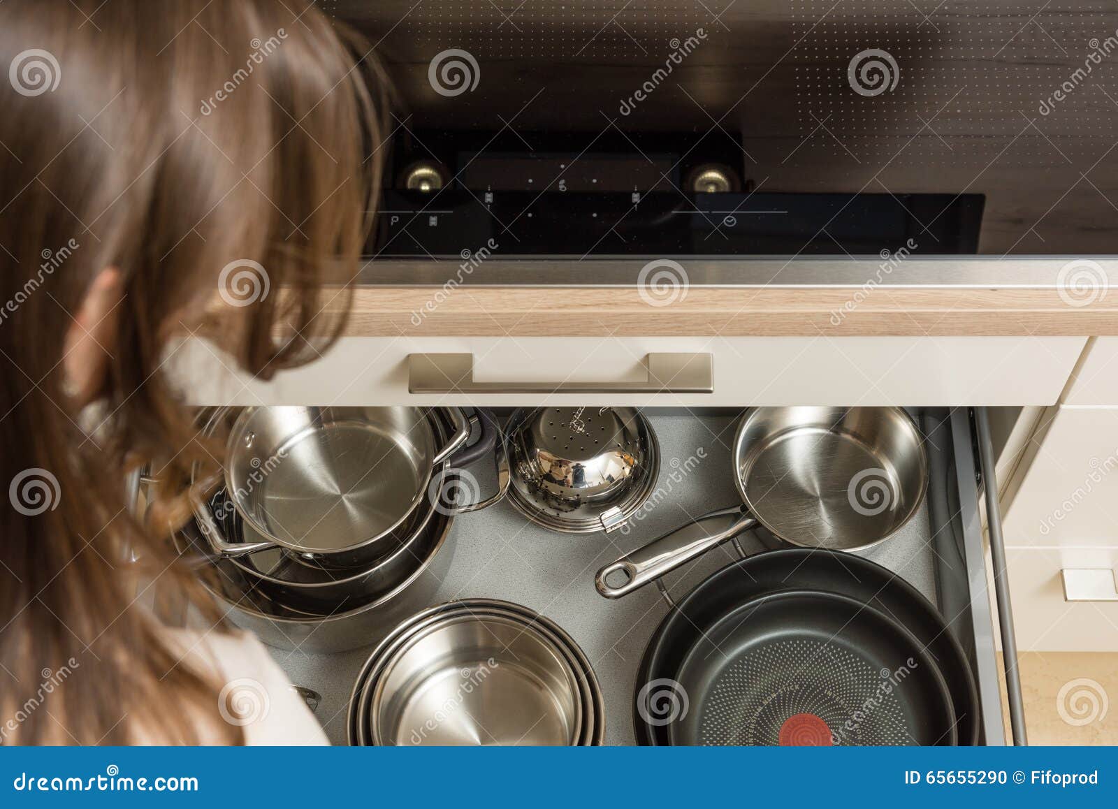 Top Down View on Modern Cooker with Open Drawer Under the Stove Stock ...