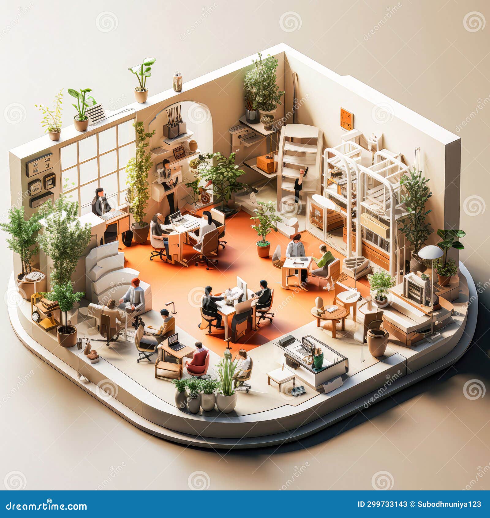A Top-down View of a 3D Isometric Office, with People Working at Their ...