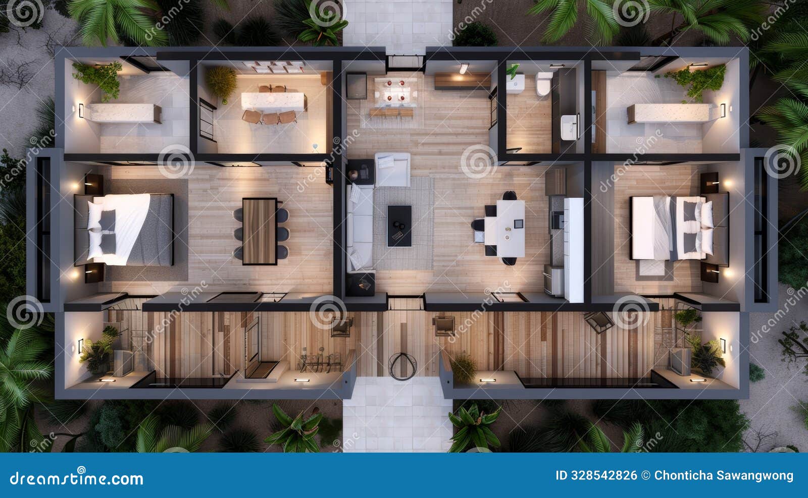 Top-down View of a Modern Home S Floor Plan with Two Bedrooms, Two ...