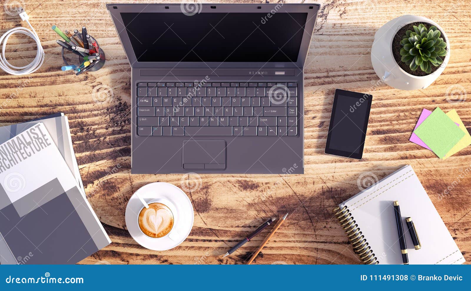 Top Down View of Modern Work Space Office Desk 3d Render Stock ...