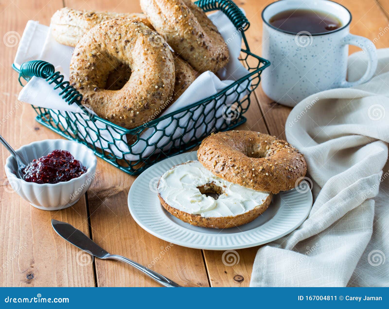 A Multigrain Bagel with Cream Cheese. Stock Image - Image of lunch ...