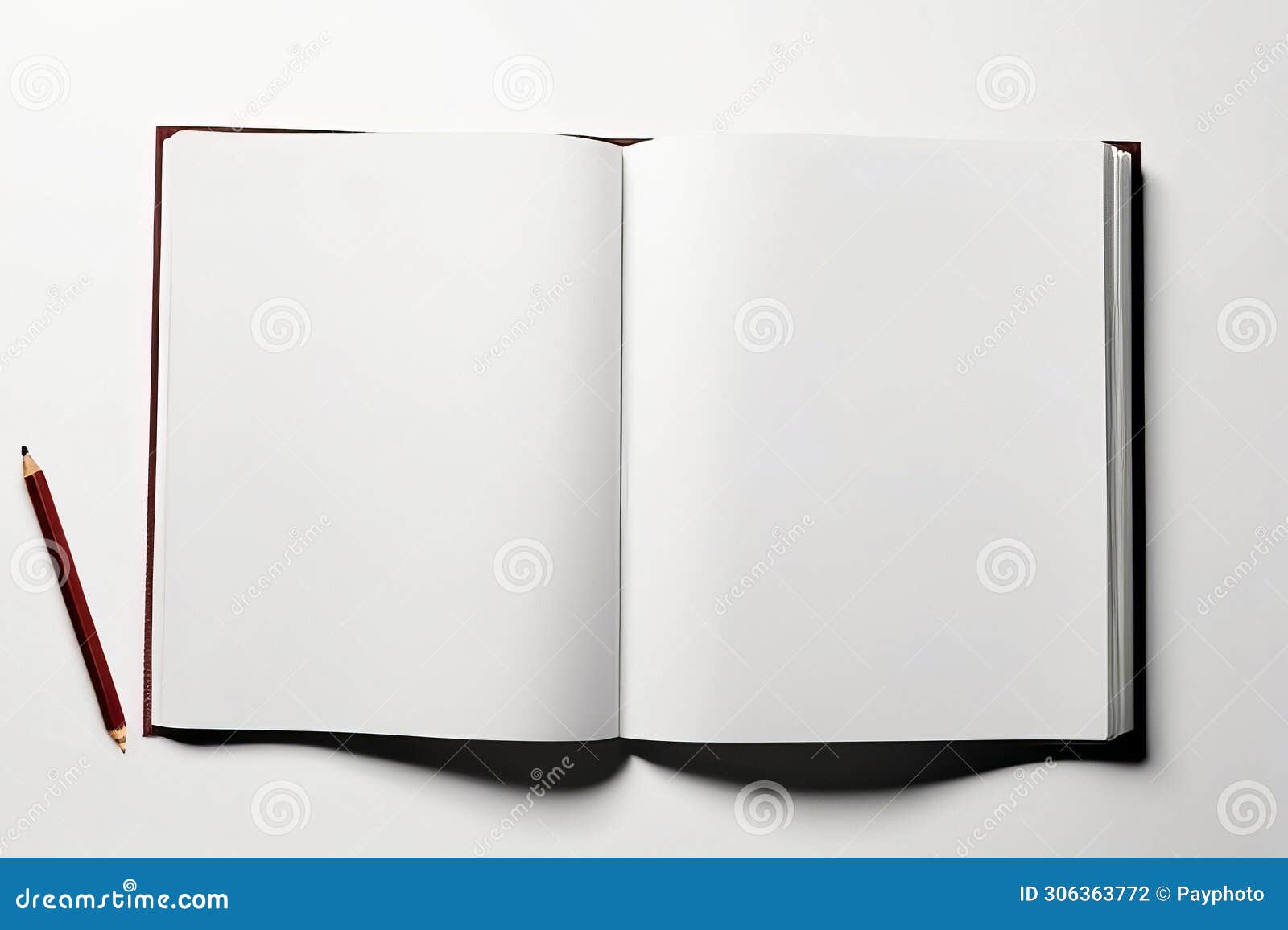 Top-Down View of Open Book with Blank Page and Pen on Flat Background ...