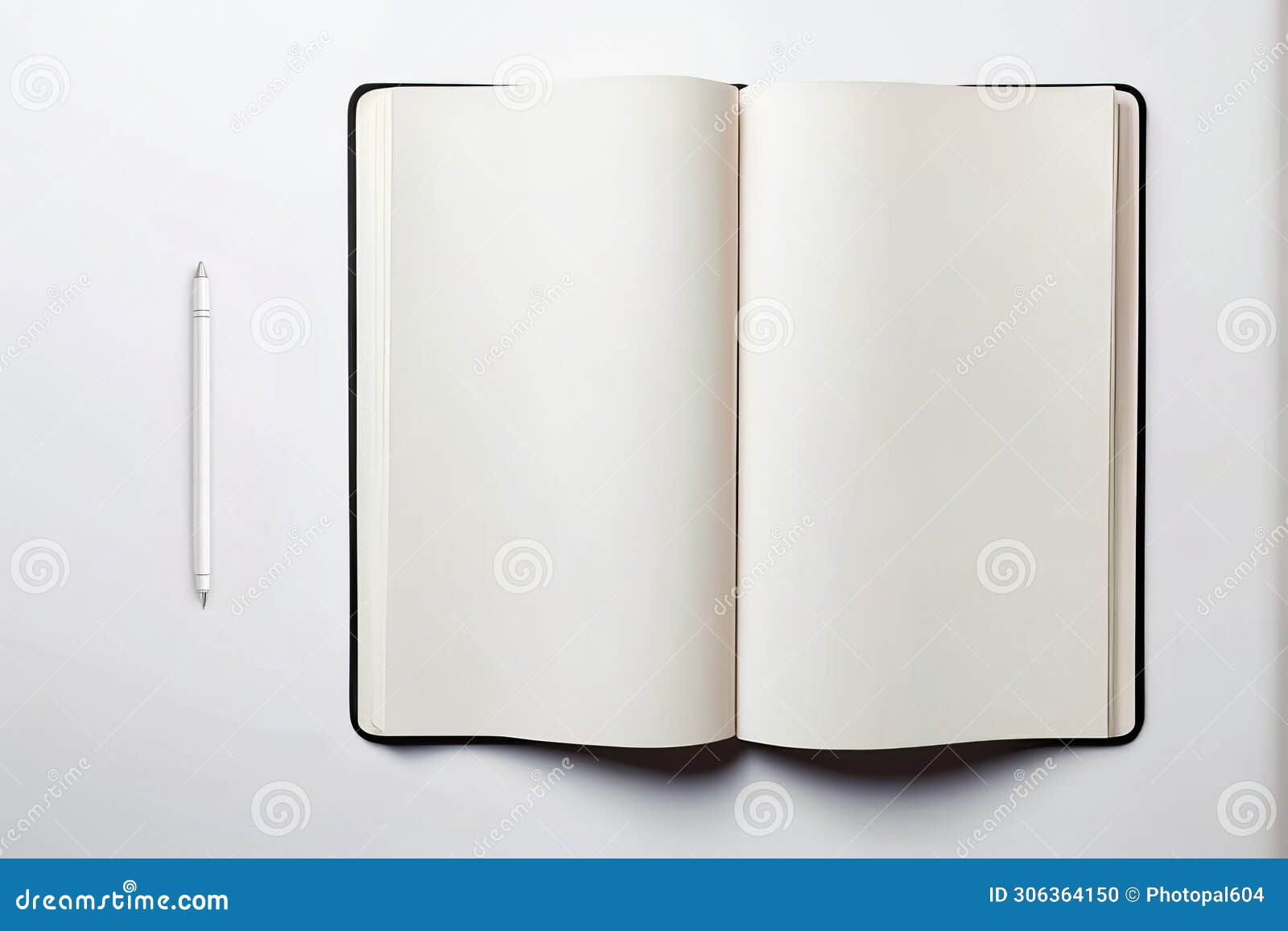 Top-Down View of Open Book with Blank Page and Pen on Flat Background ...