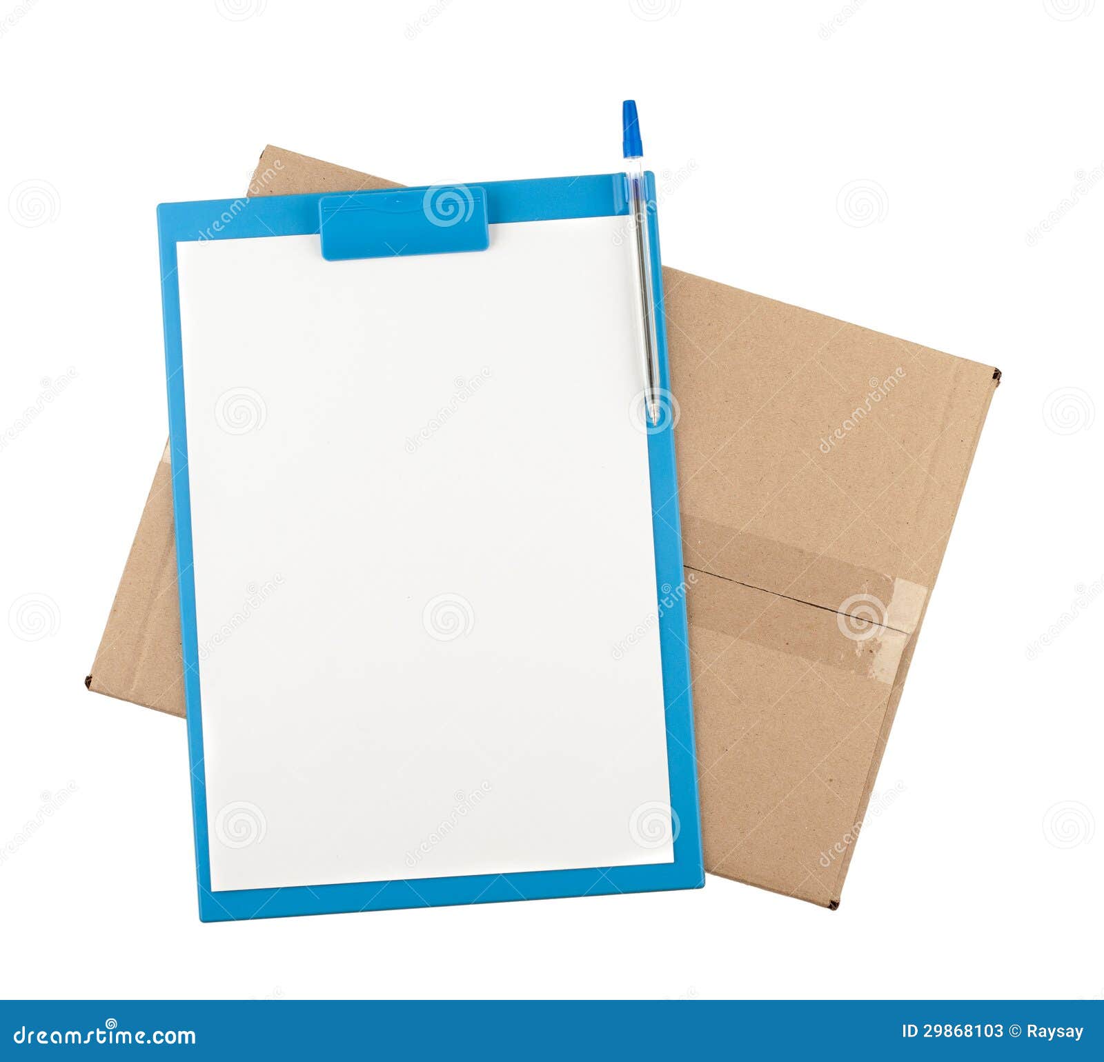 Top Down View of Open Cardboard Box with Clipboard on it Stock Image ...