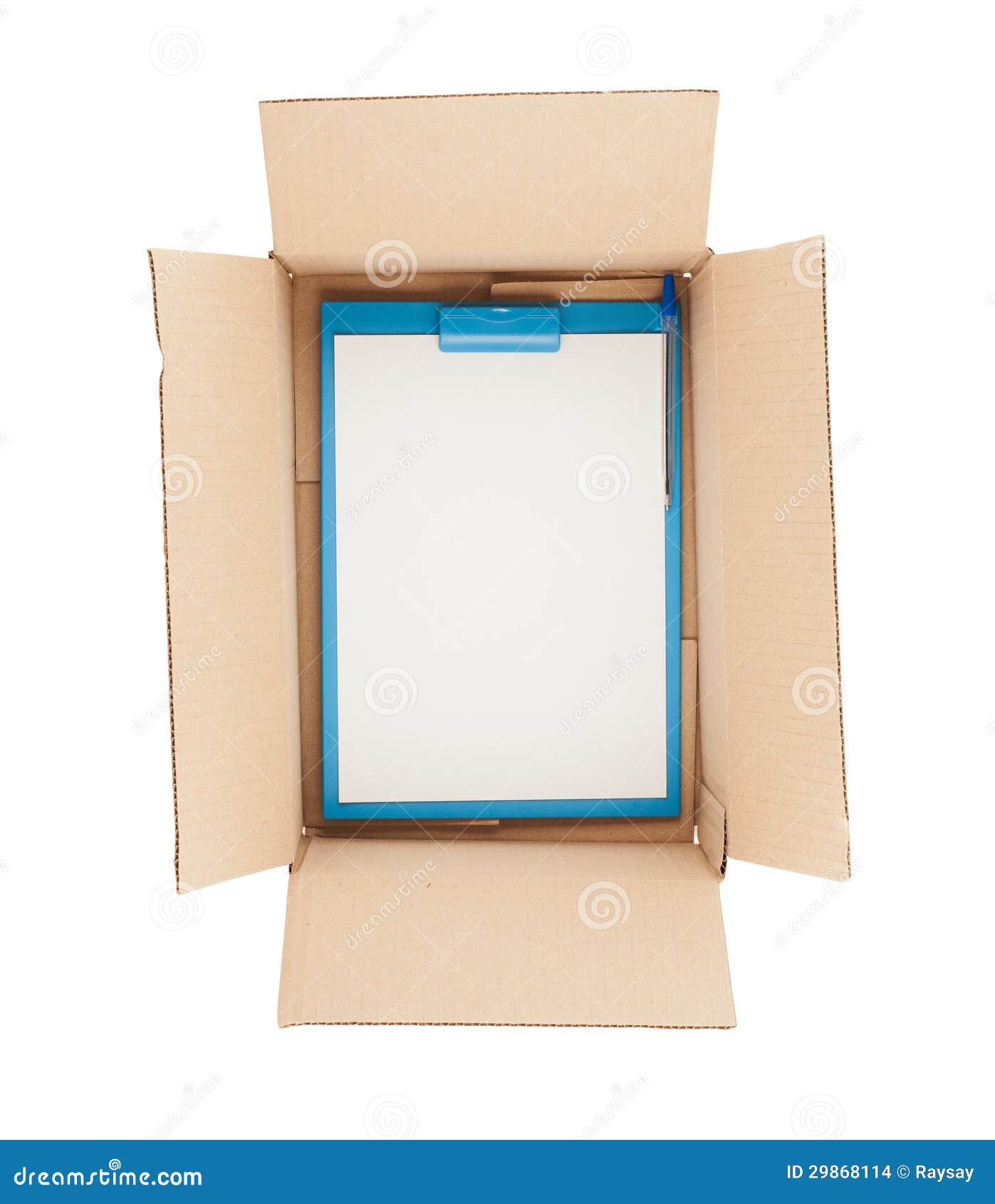 Top Down View of Open Cardboard Box with Clipboard in it Stock Photo ...