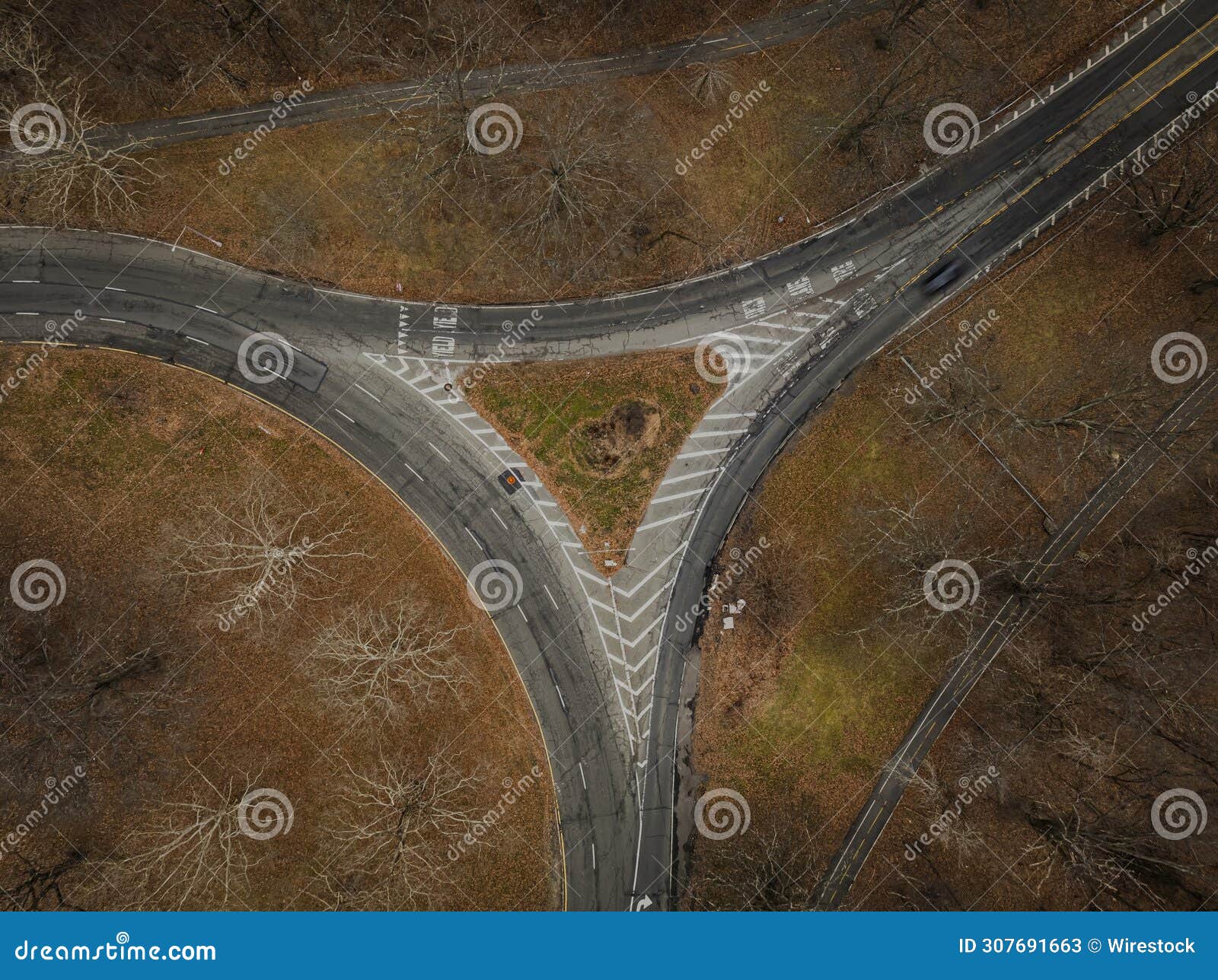 Top Down View Over an Intersection, in a Triangular Shape, on a Cloudy ...