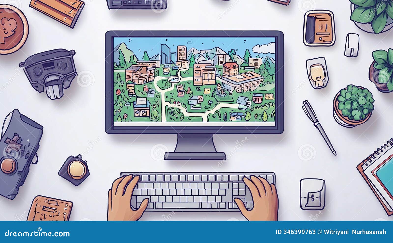 Top-Down View of a Person Using a Computer To Design a Town Map Stock ...