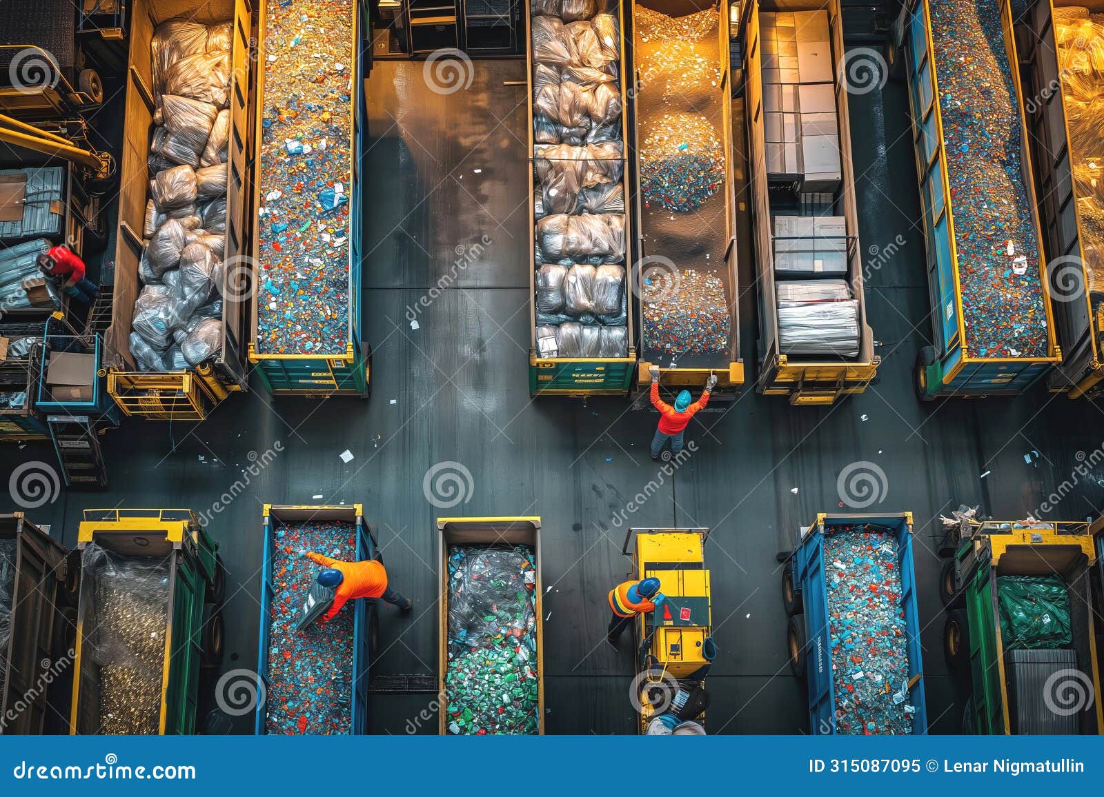 Top-down View of a Recycling Operation with Workers and Separated ...