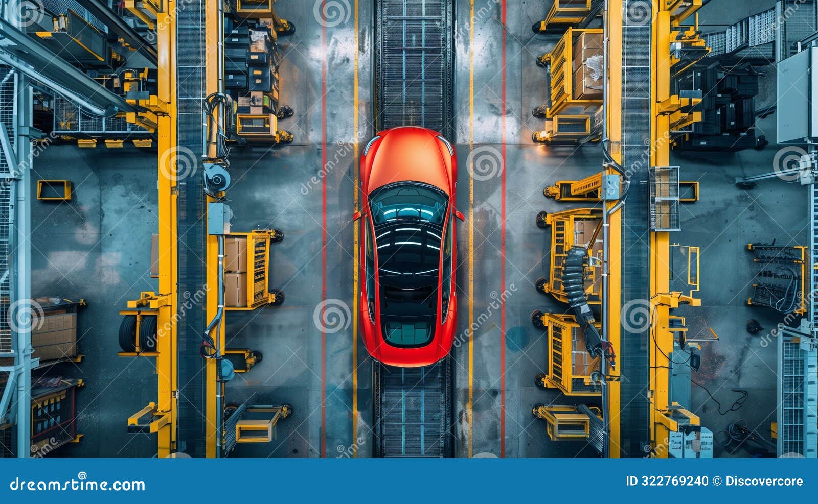 Top-Down View of a Red Electric Car Assembly in High-Tech Manufacturing ...