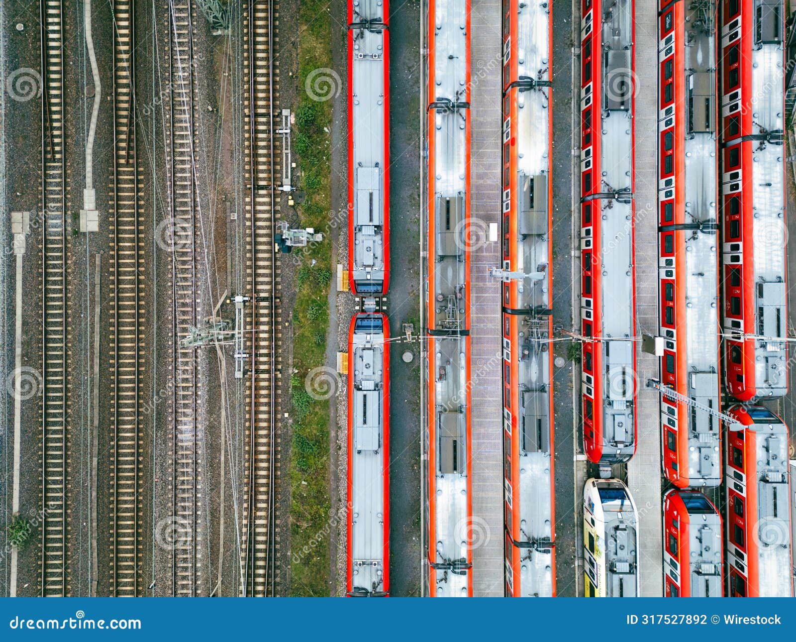 Top Down View of Red Trains and the Railroad Stock Photo - Image of ...
