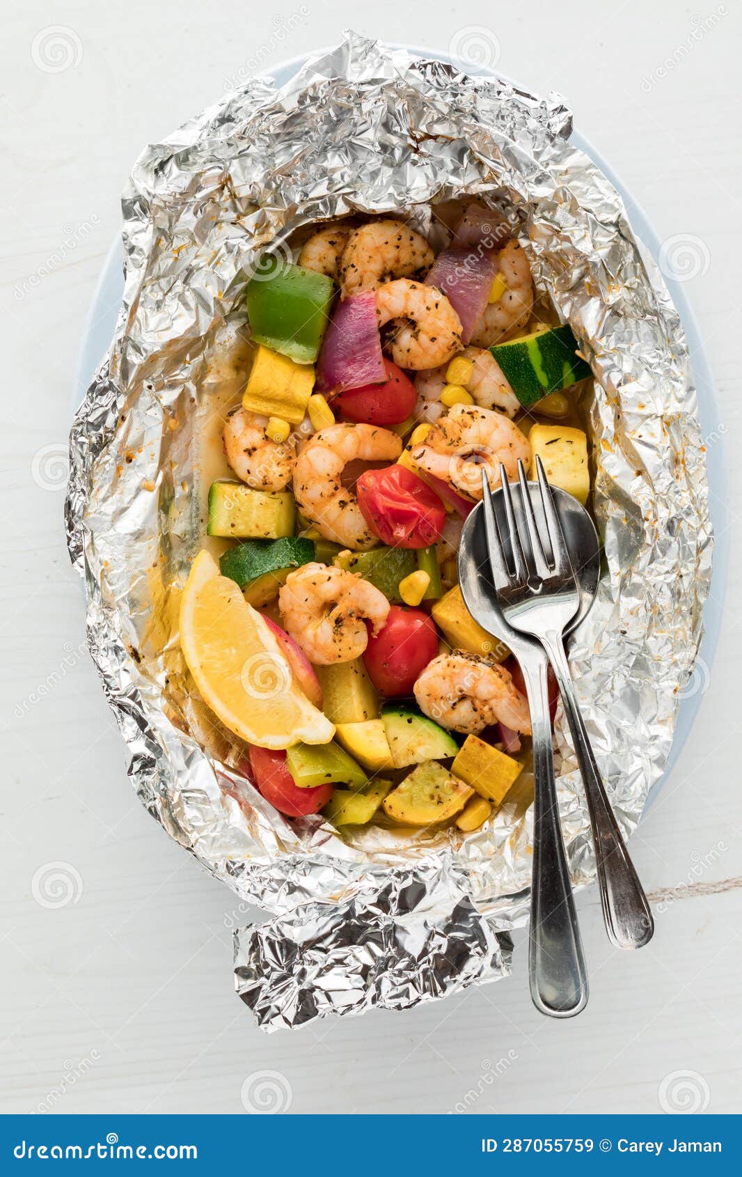 Top Down View of a Shrimp and Vegetable Foil Packet, Ready for Eating ...