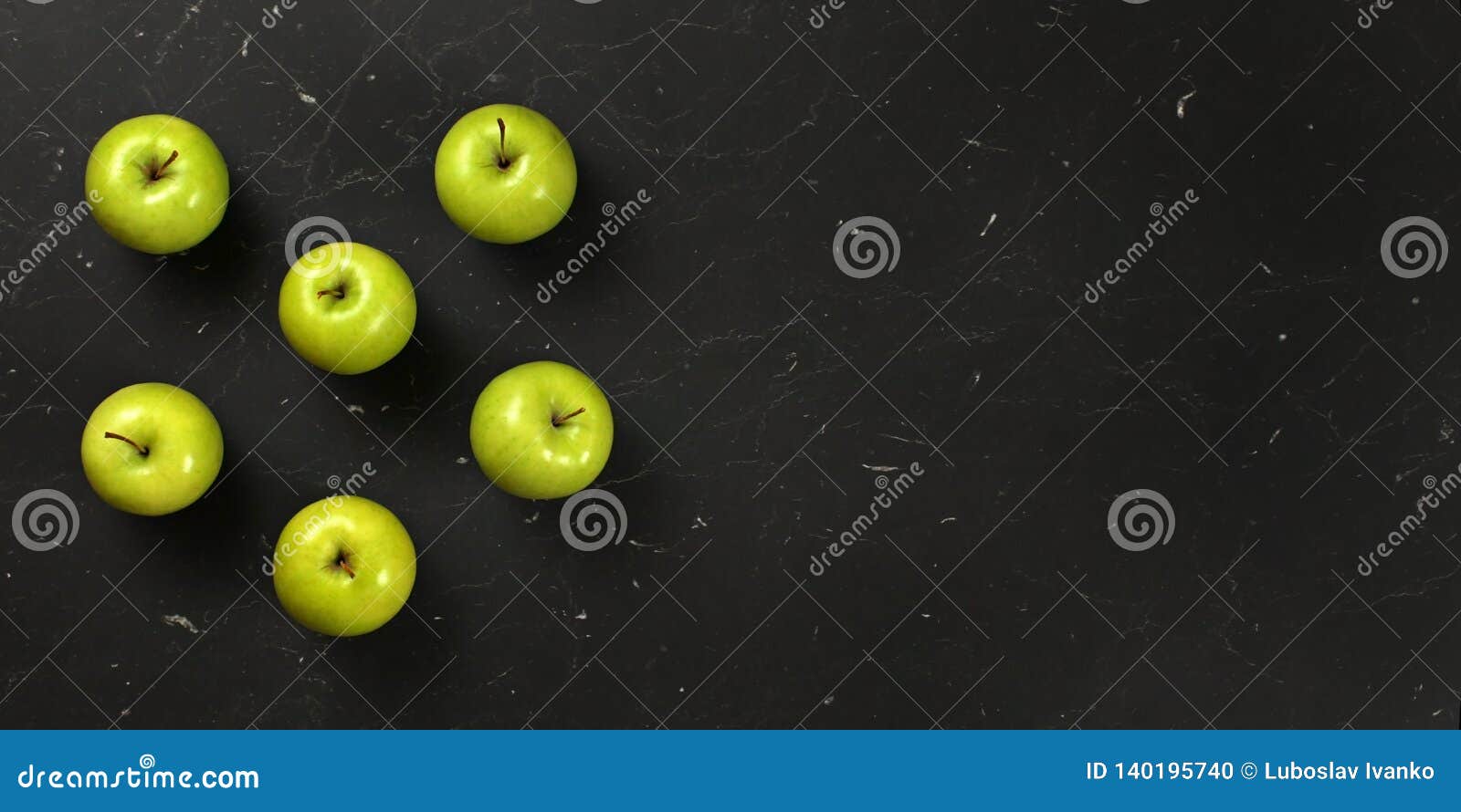 Top Down View, Six Green Apples Arranged, on a Black Board, Banner with ...