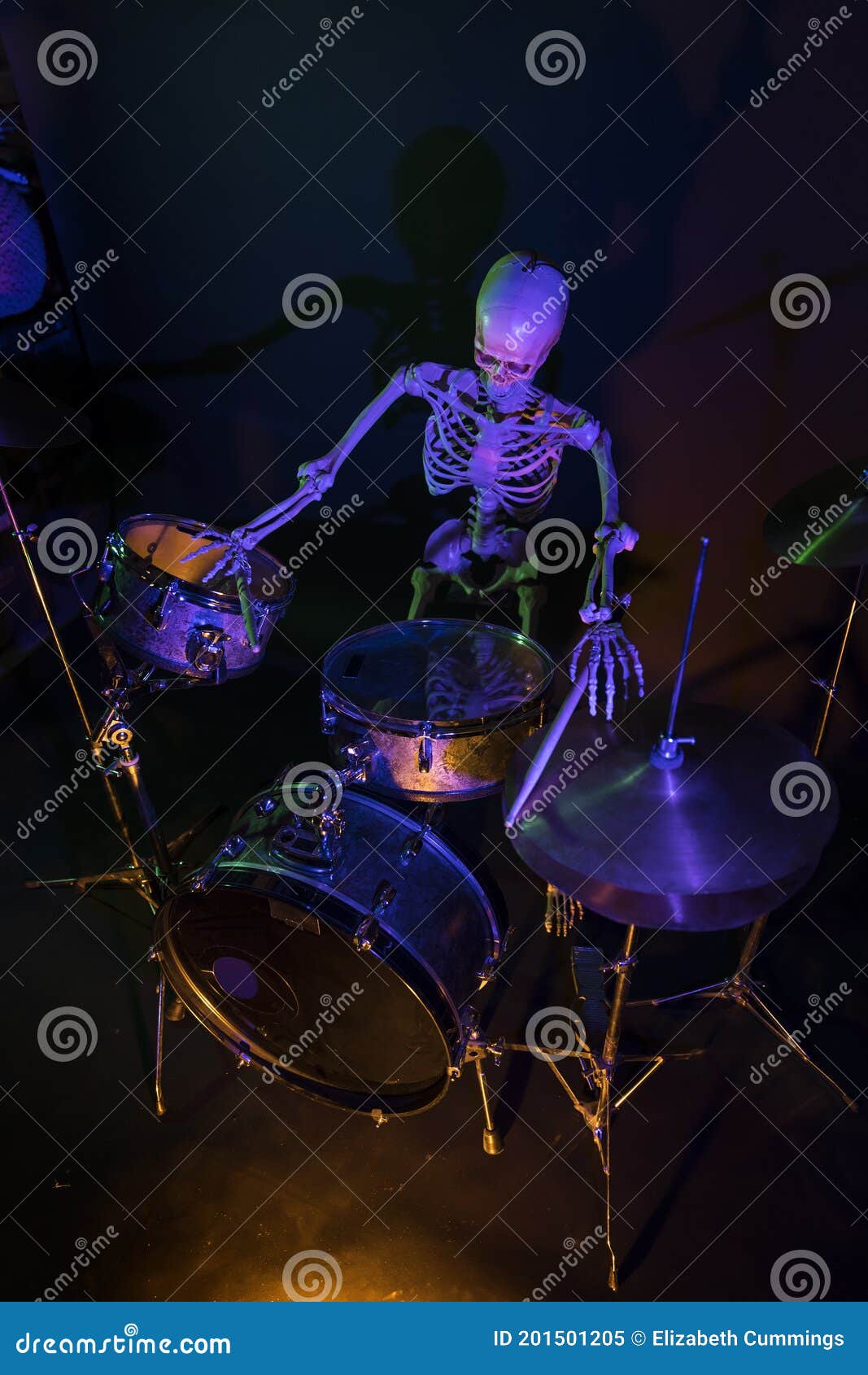 Top Down View of Skeleton Playing Drum Set on Black Background Stock ...