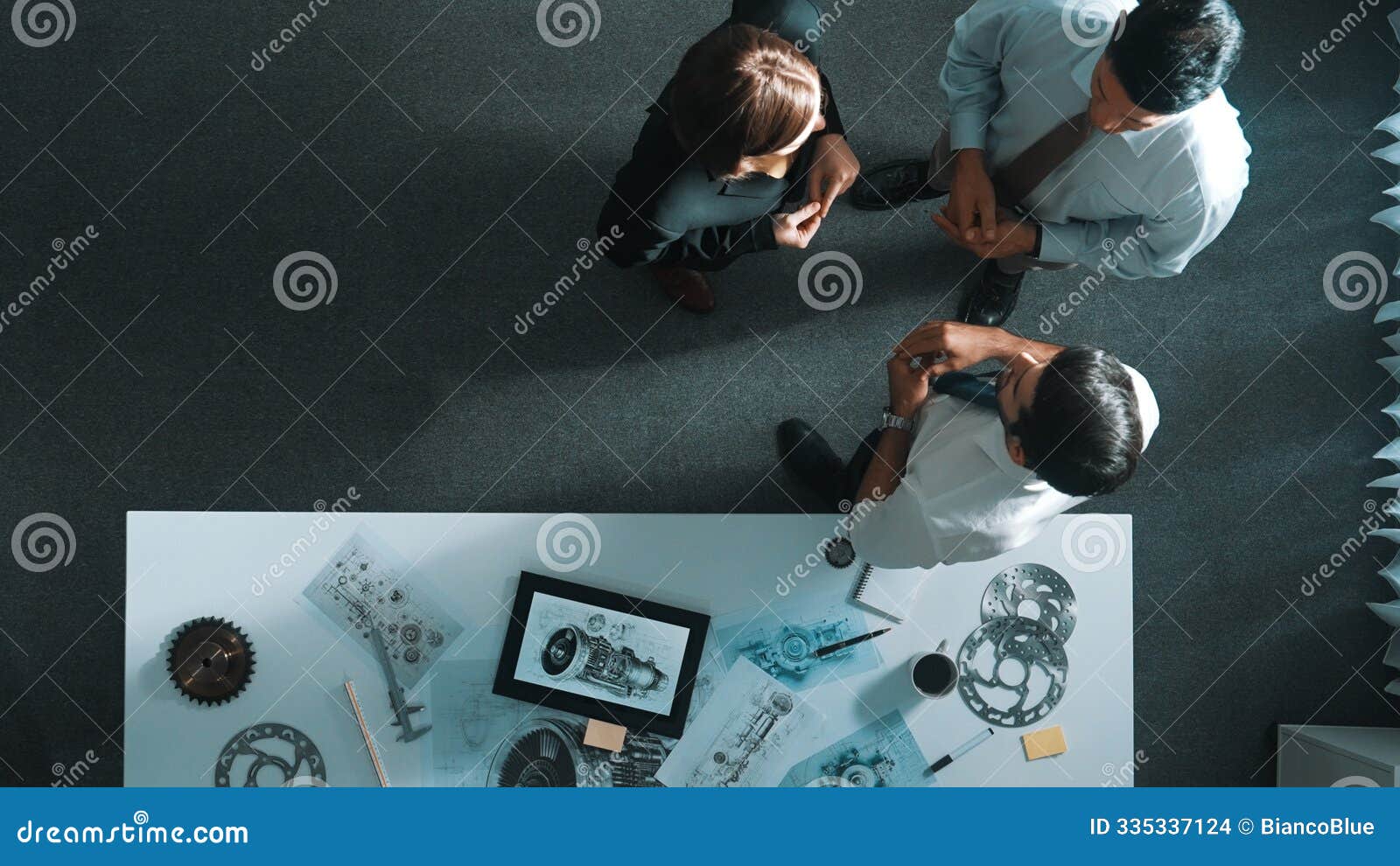 Top Down View of Skilled Engineer Talking about Turbine Engine ...