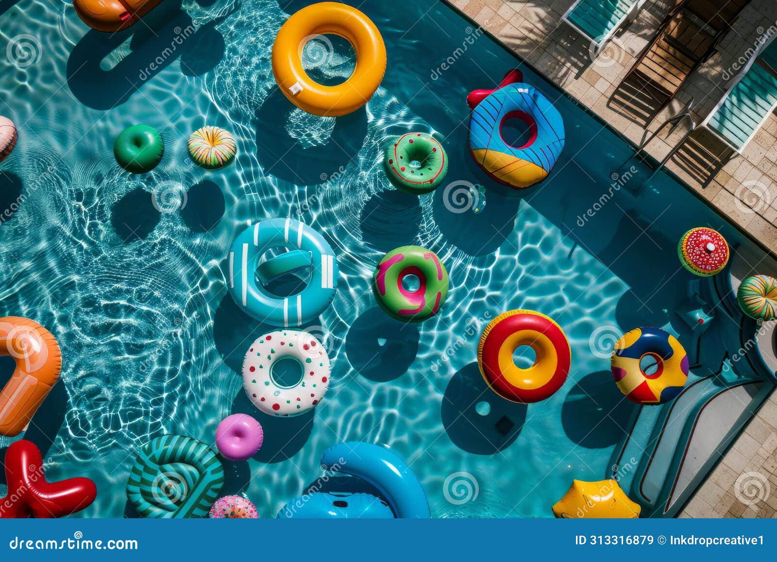 Top Down View of a Summer Swimming Pool Full of Inflatable Pool Floats ...