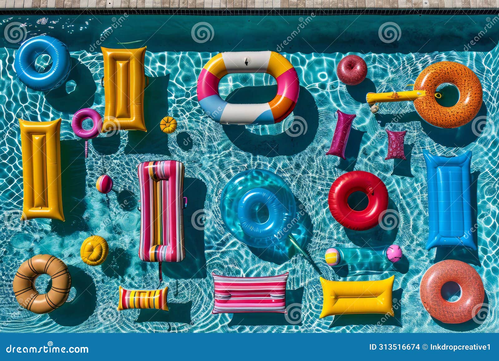 Top Down View of a Summer Swimming Pool Full of Inflatable Pool Floats ...