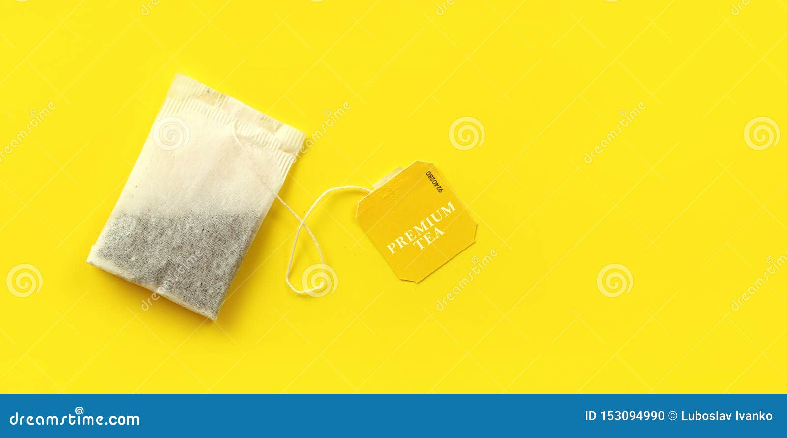 Top Down View, Tea Bag on Yellow Board, Wide Banner with Space for Text ...