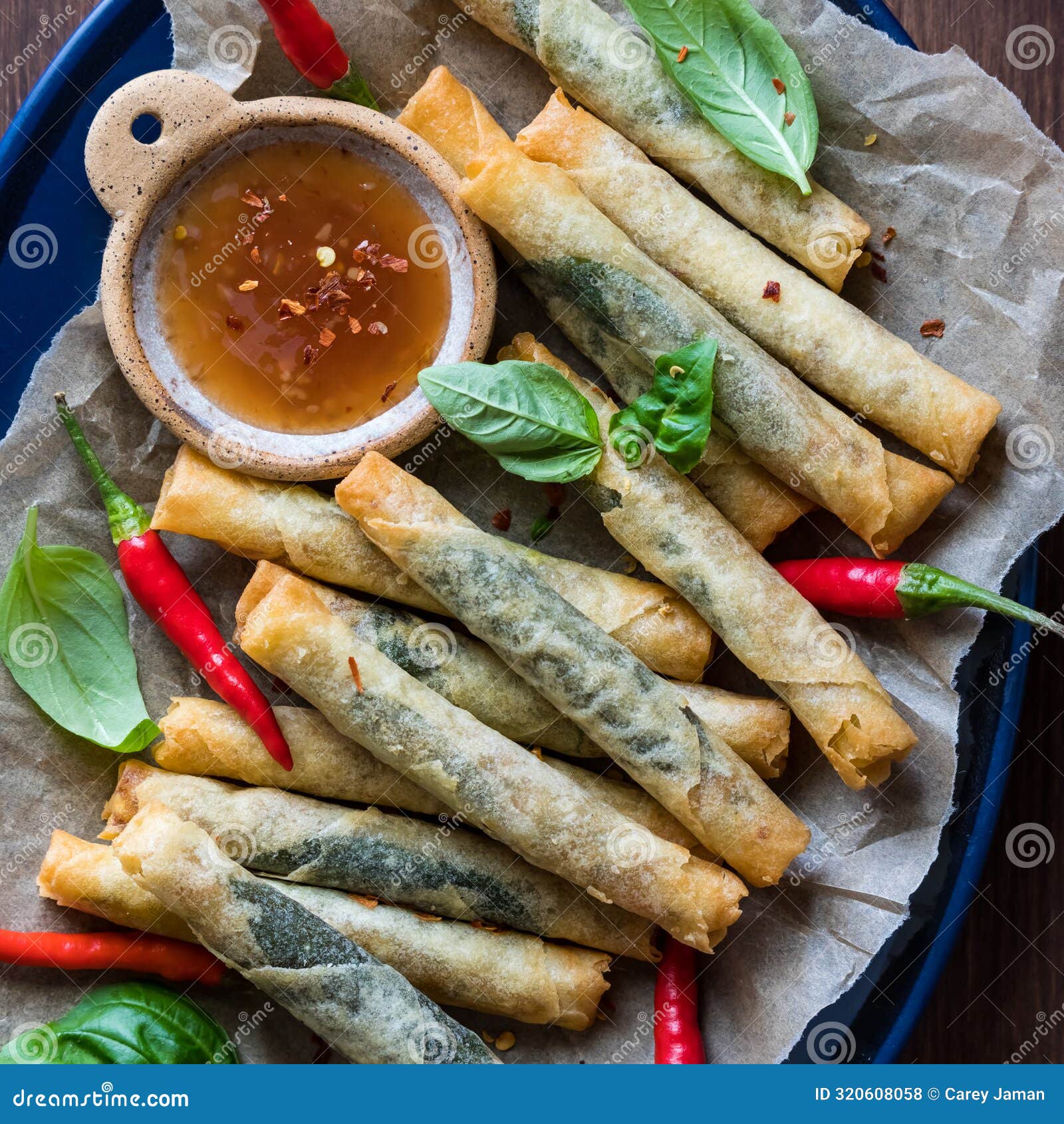 Top Down View of Thai Shrimp Spring Rolls with Sweet Chili Sauce. Stock ...